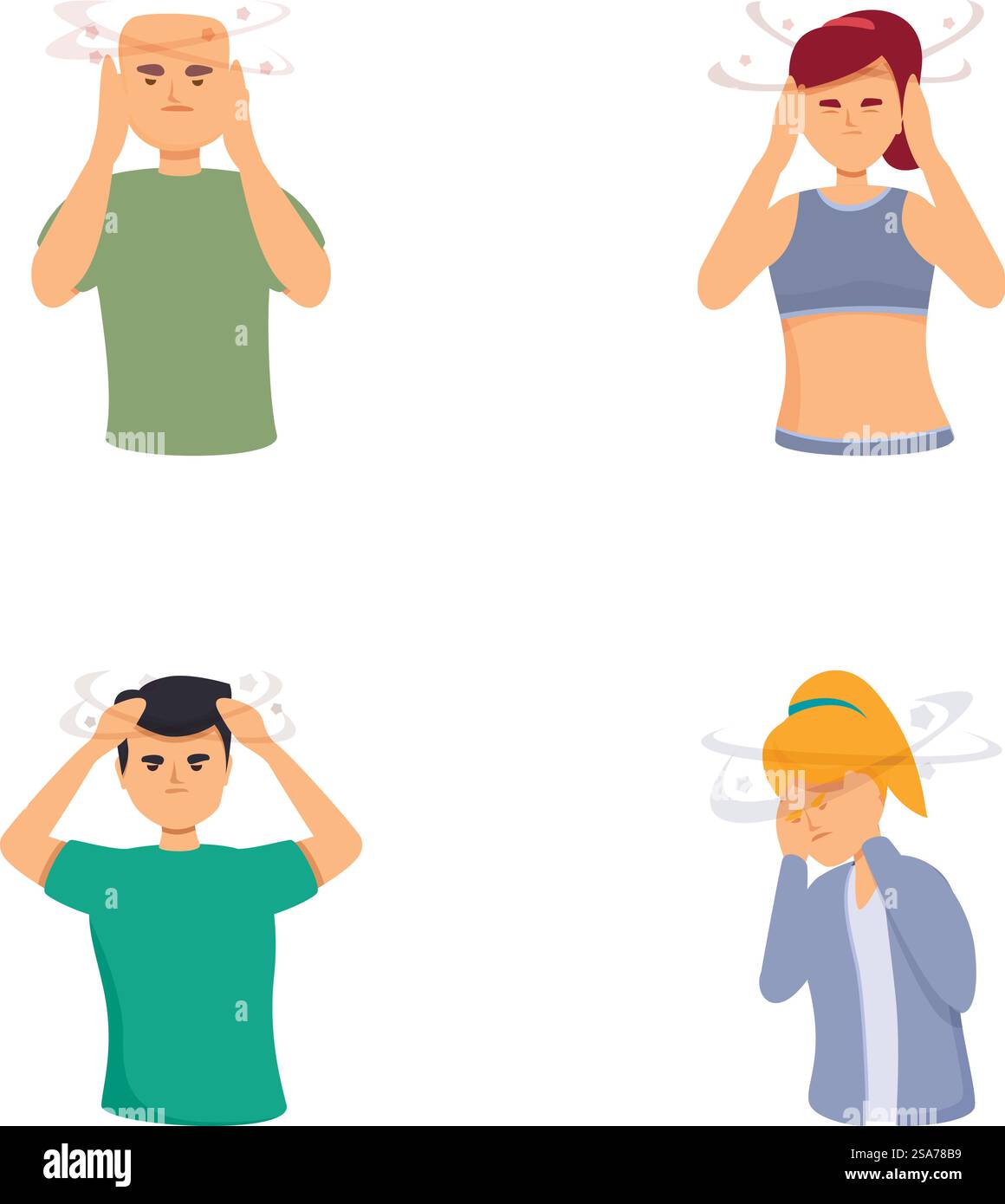 Migraine icons set cartoon vector. People suffering dizziness and ...