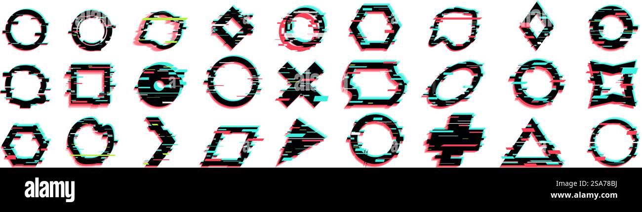 Circle glitch effect icons set. Collection of geometric shapes is ...