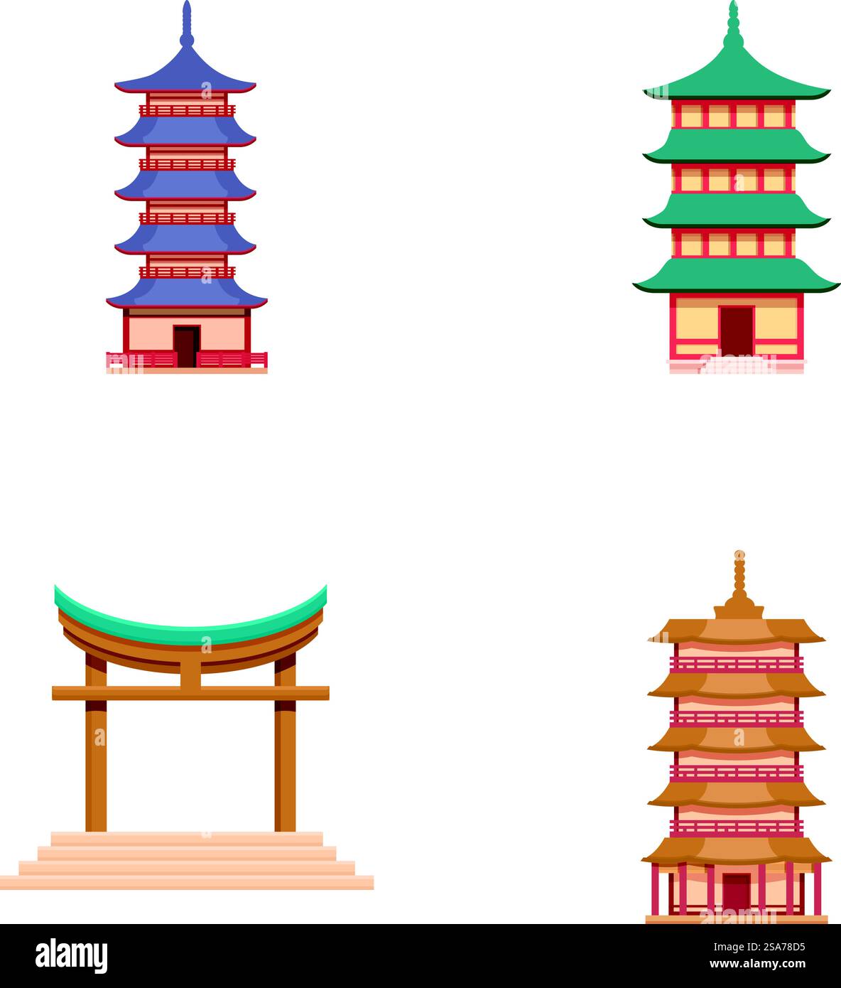 Chinese pagoda icons set cartoon vector. Asian traditional building ...