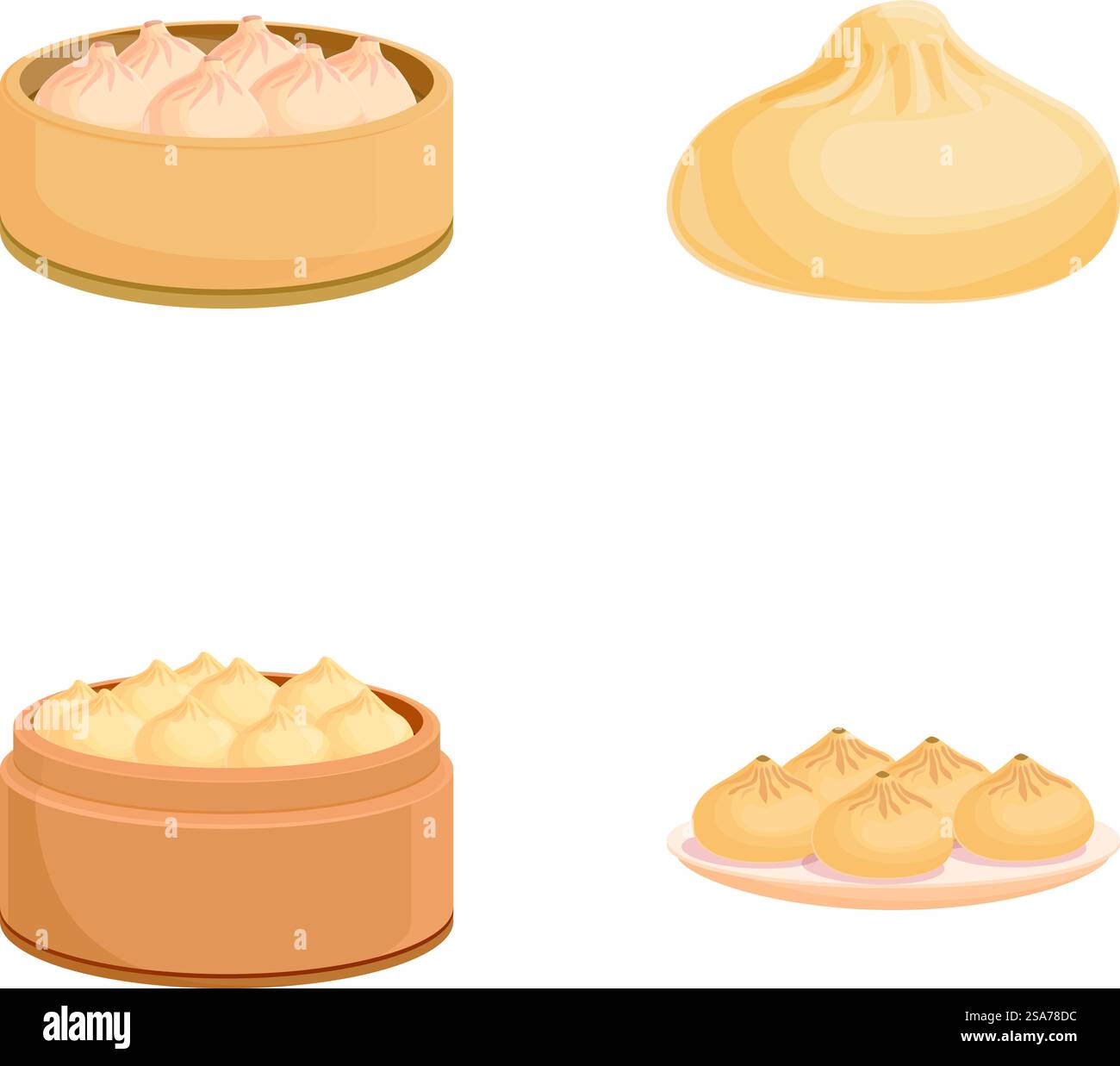 Bao zi icons set cartoon vector. Baozi with bamboo steamer basket ...