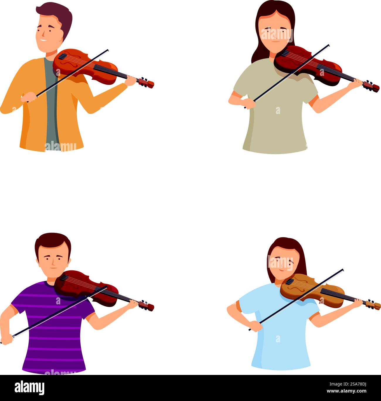Collection of four diverse cartoon individuals practicing violin in ...