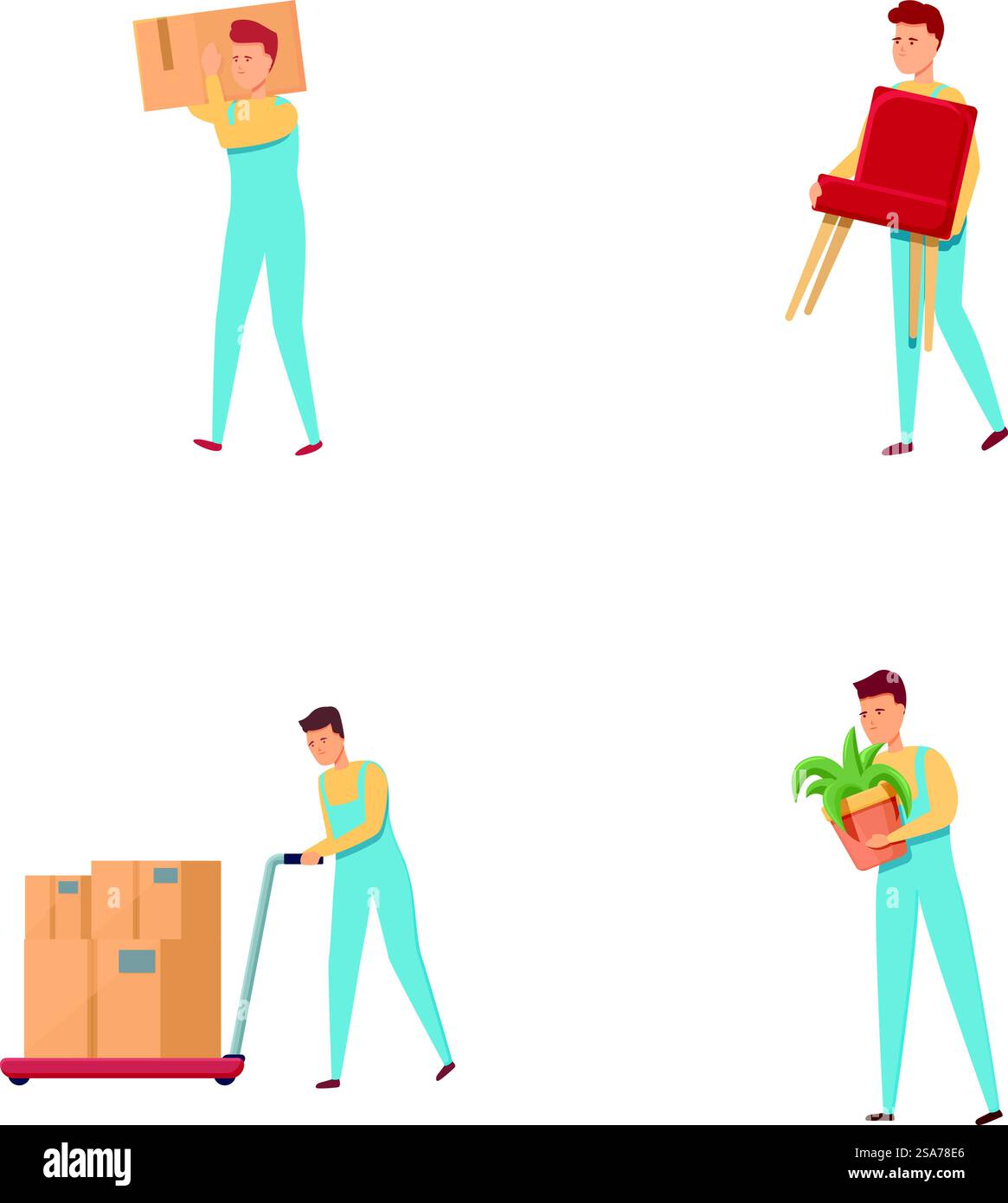 Moving service icons set cartoon vector. Worker in uniform carry ...