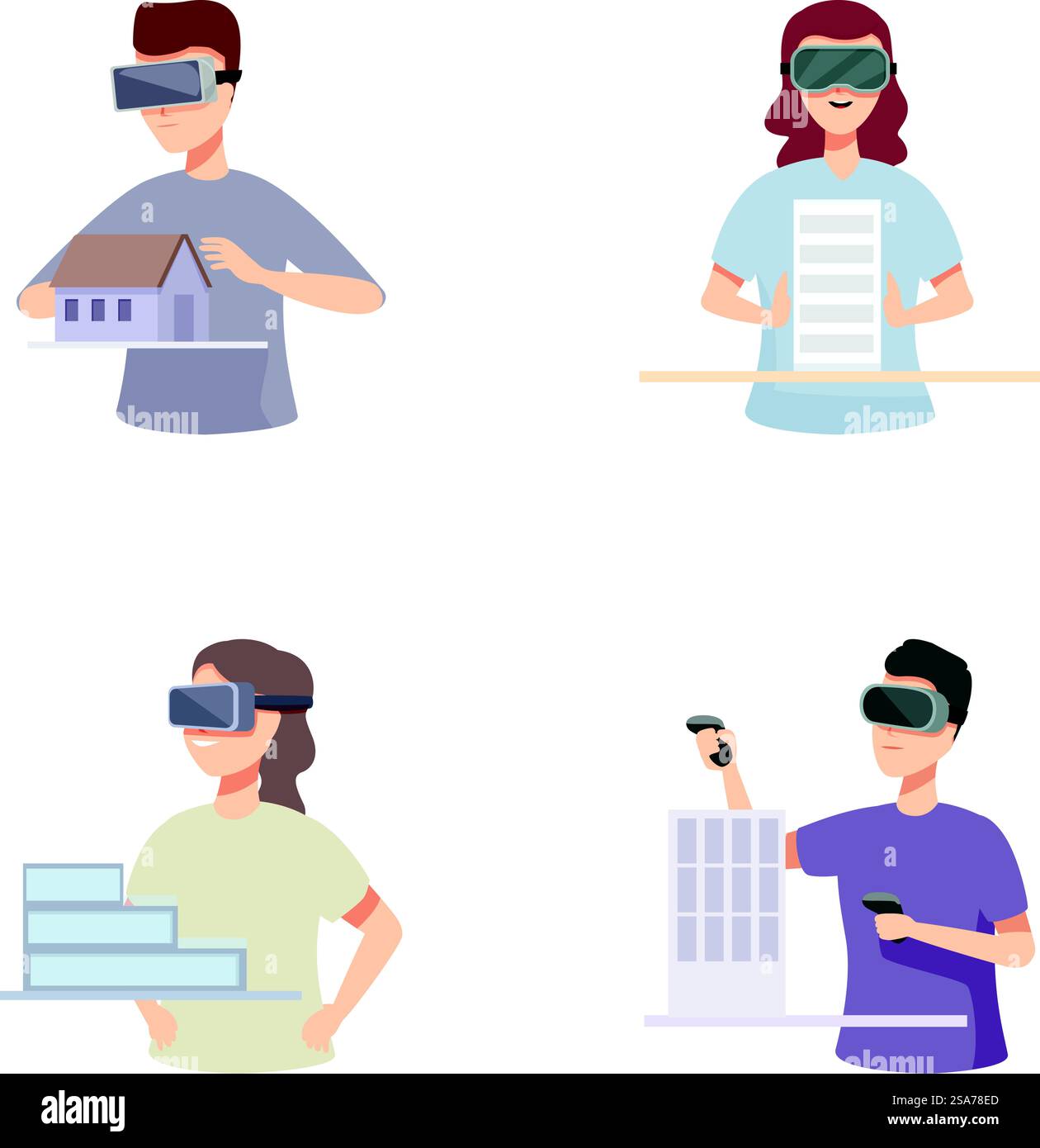 Illustrations of people using vr headsets for architectural design and ...