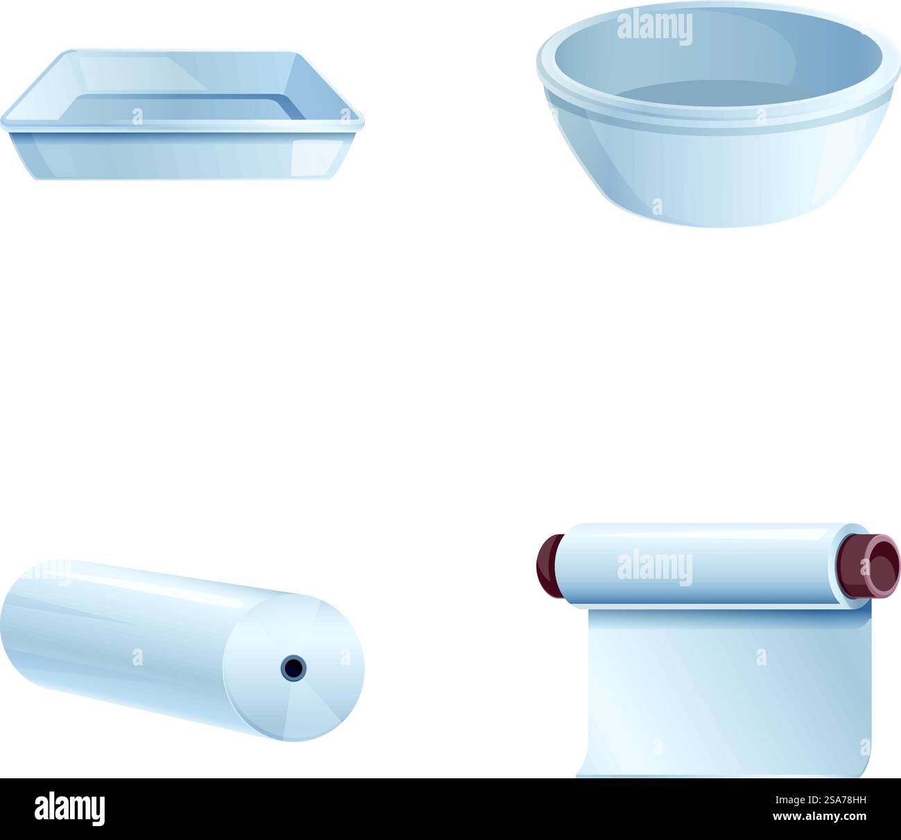 Vector illustrations of a baking tray, mixing bowl, rolling pin, and ...