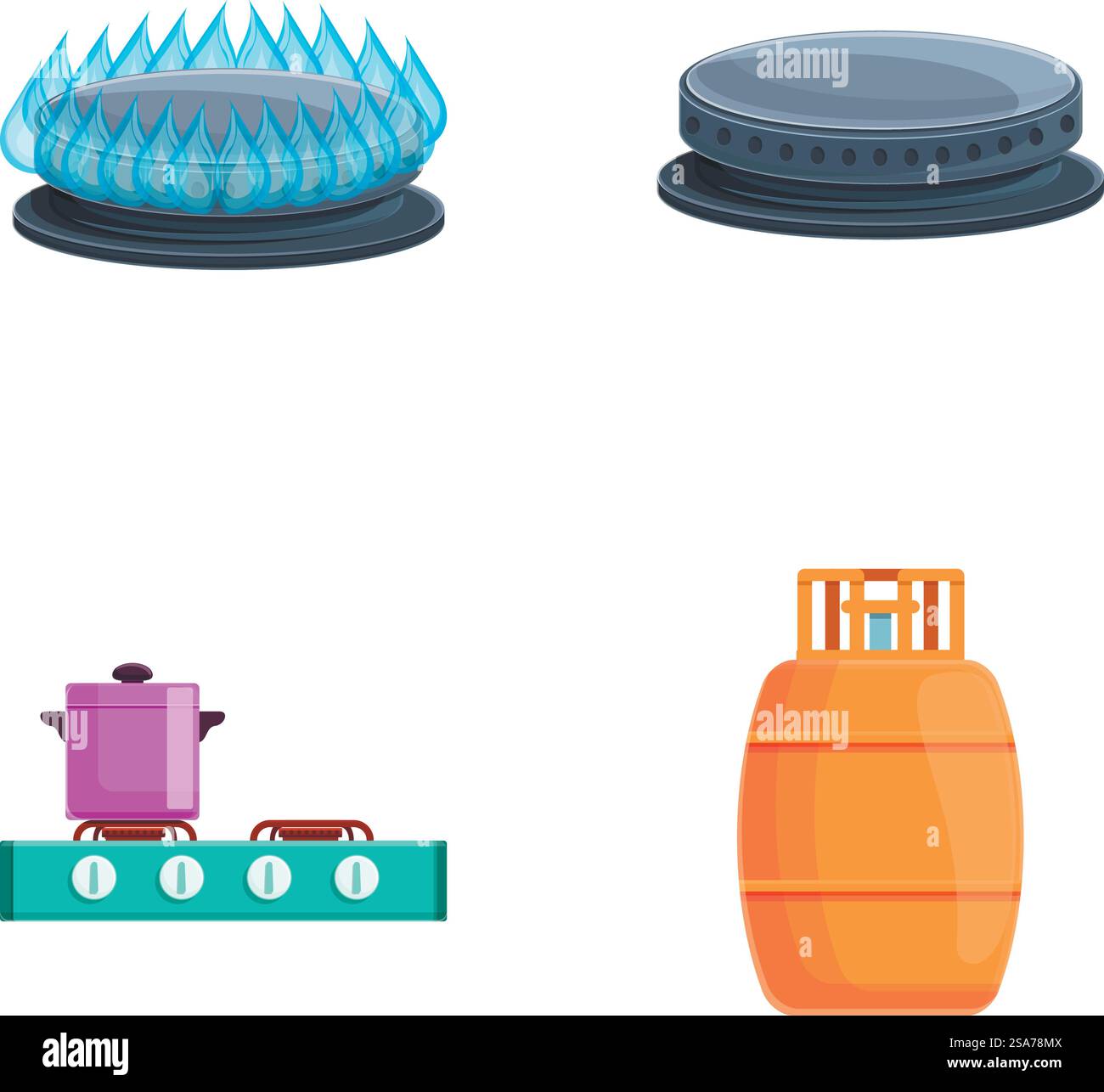 Gas burner icons set cartoon vector. Different type of gas furnace and ...