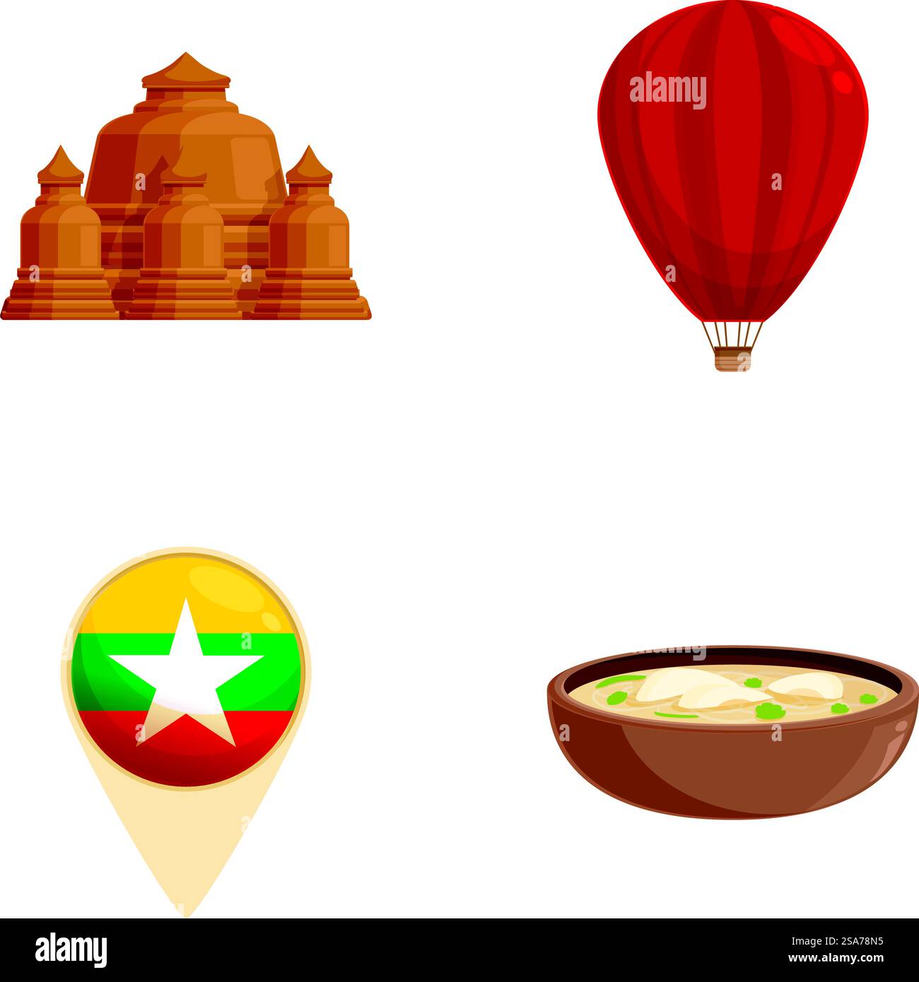 Myanmar travel icons set cartoon vector. Republic of union of myanmar ...