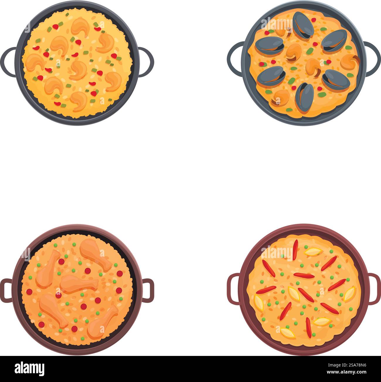Paella dish icons set cartoon vector. Various paella with seafood ...