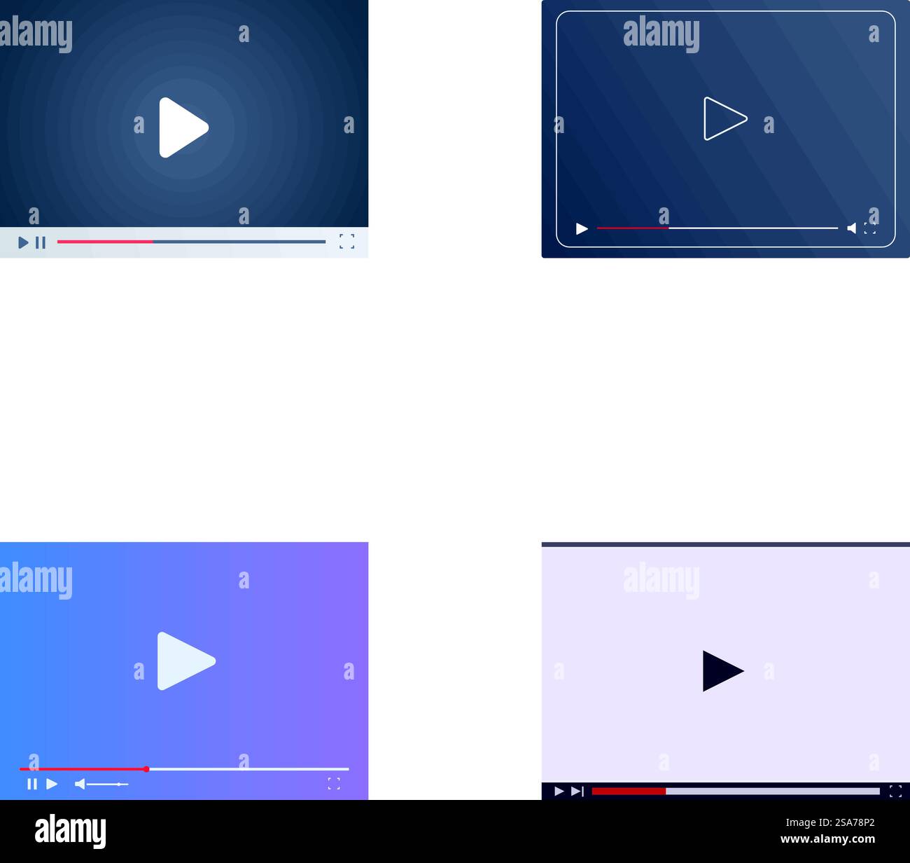 Collection of four different styled video player interfaces with play buttons and progress bars ...