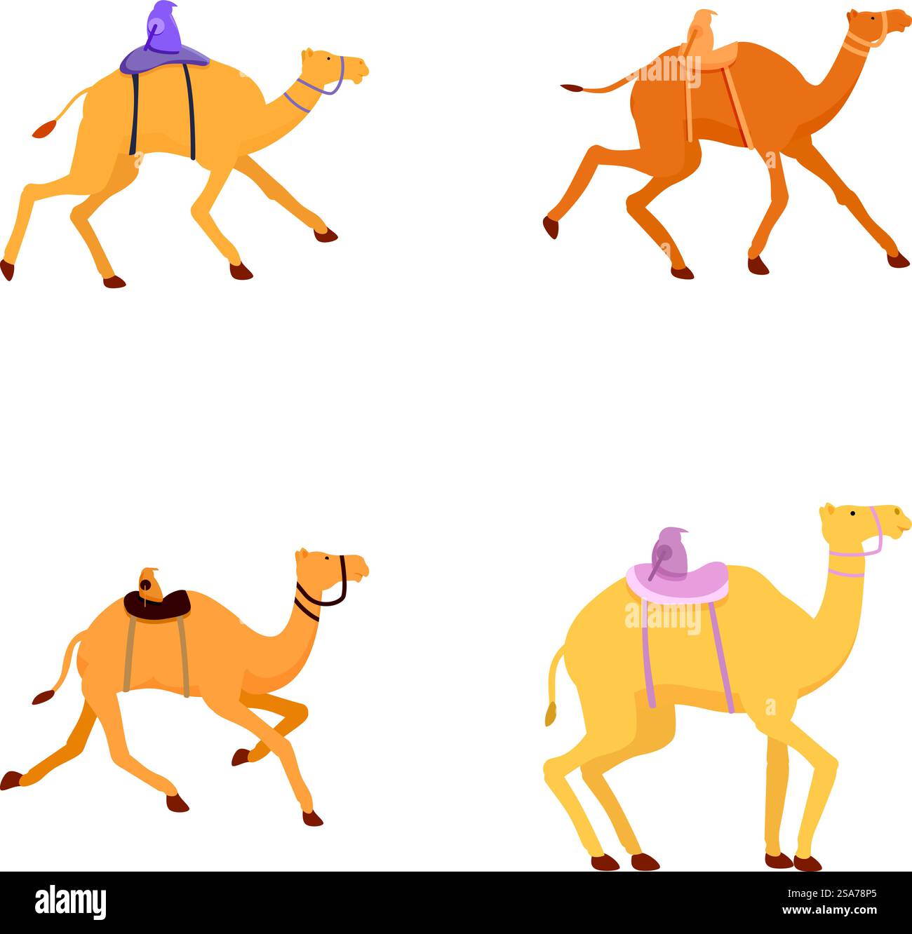 Collection of four stylized cartoon camels, some with saddles, isolated ...