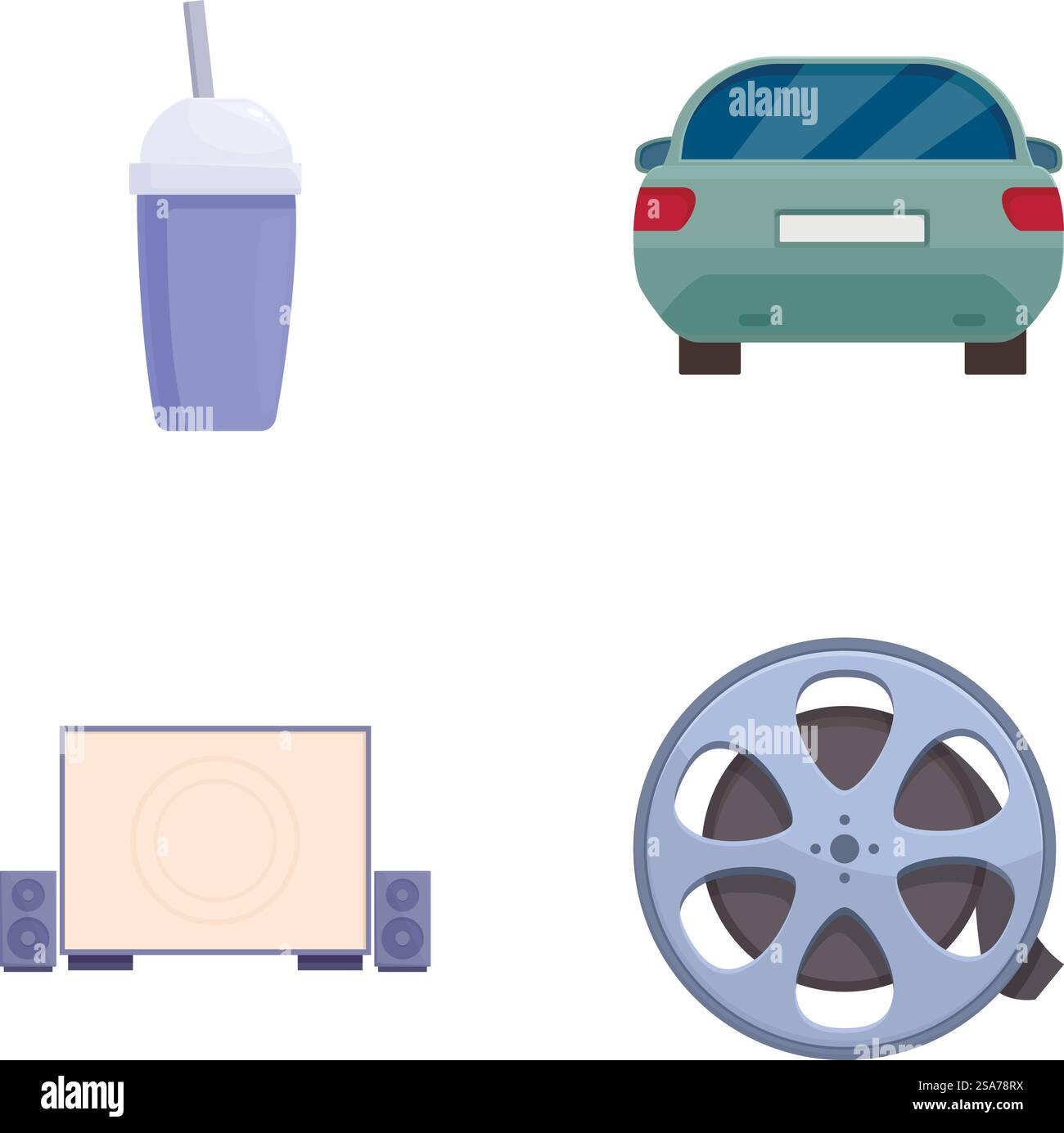 Collection of colorful vector illustrations depicting common items, a ...