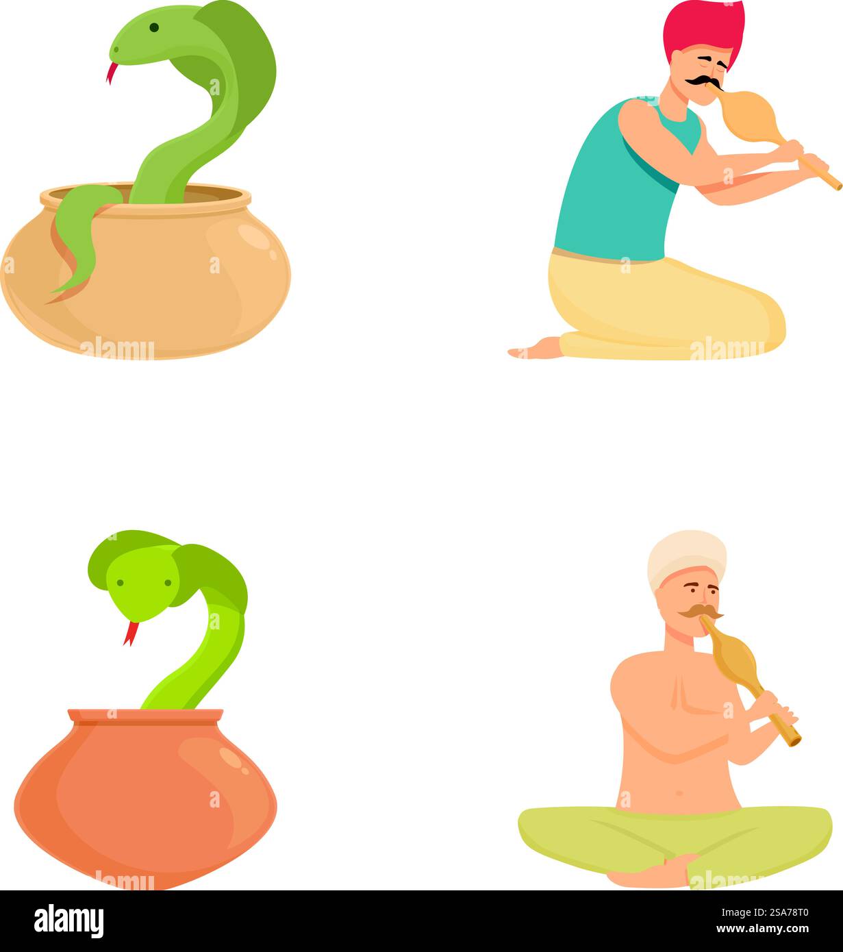 A collection of illustrations featuring a snake charmer and a cobra in ...