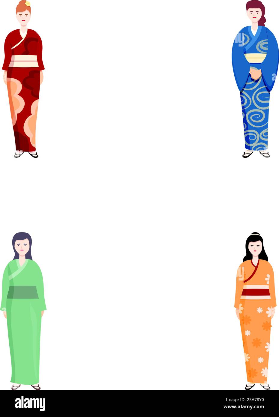 Collection of four diverse women wearing colorful kimonos, representing ...