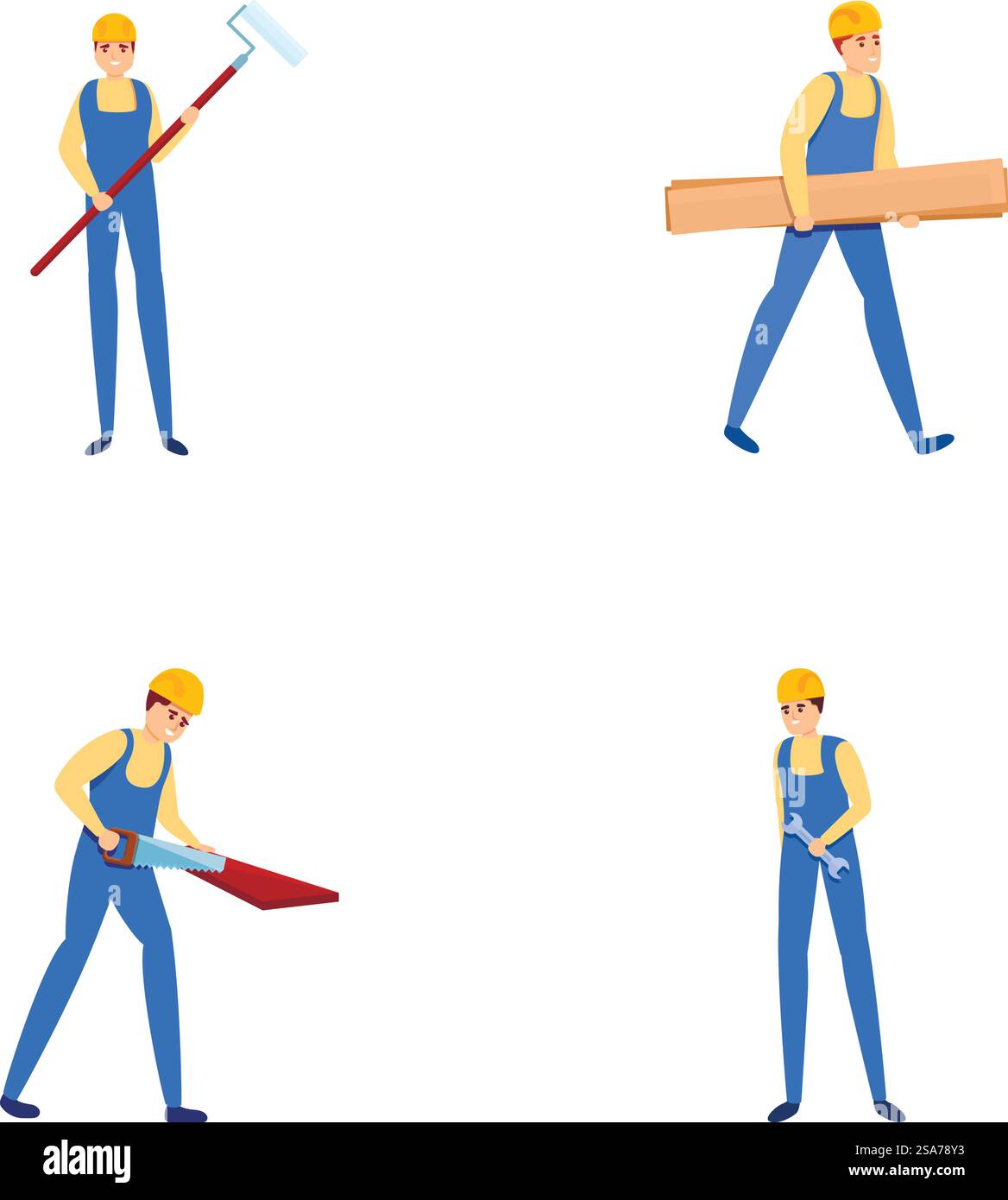 Construction worker icons set cartoon vector. Male builder during work ...