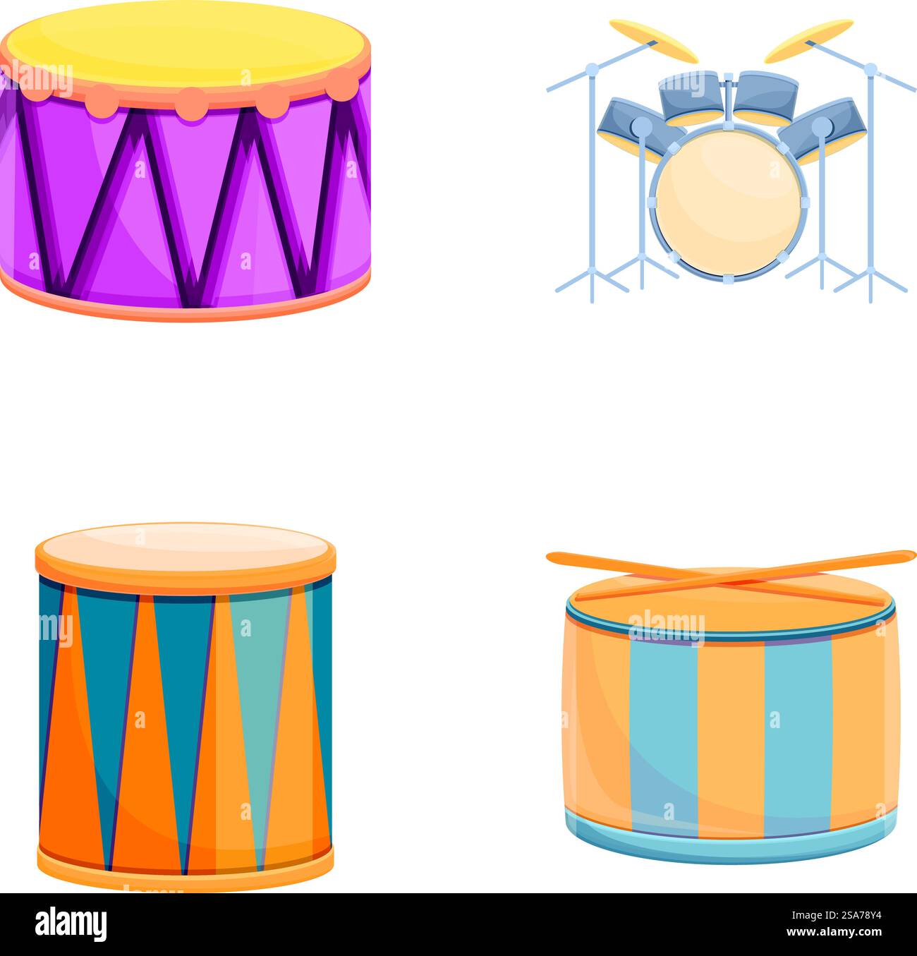 Percussion tool icons set cartoon vector. Drum of different style and ...