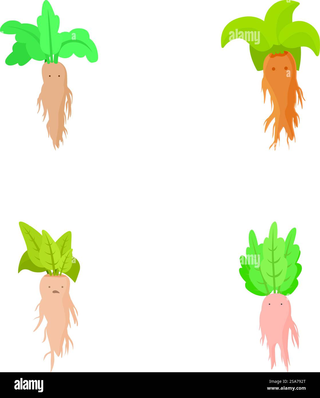 Collection of four adorable root vegetable mascots with expressive ...