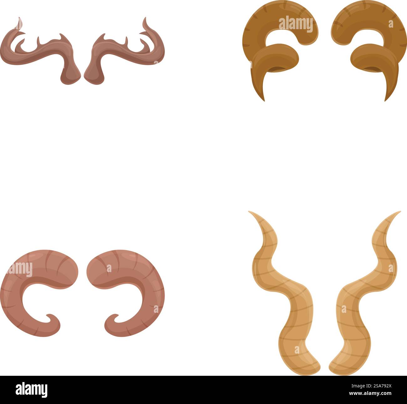 Collection of four different cartoon animal horns isolated on white ...