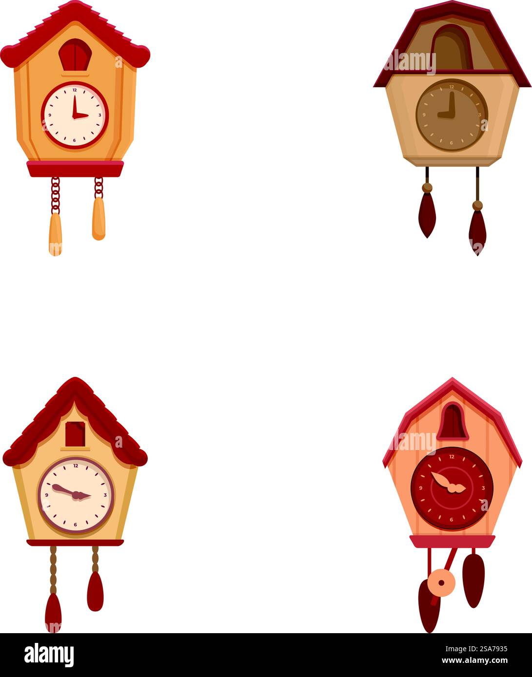 Collection of four traditional cuckoo clocks with intricate designs ...