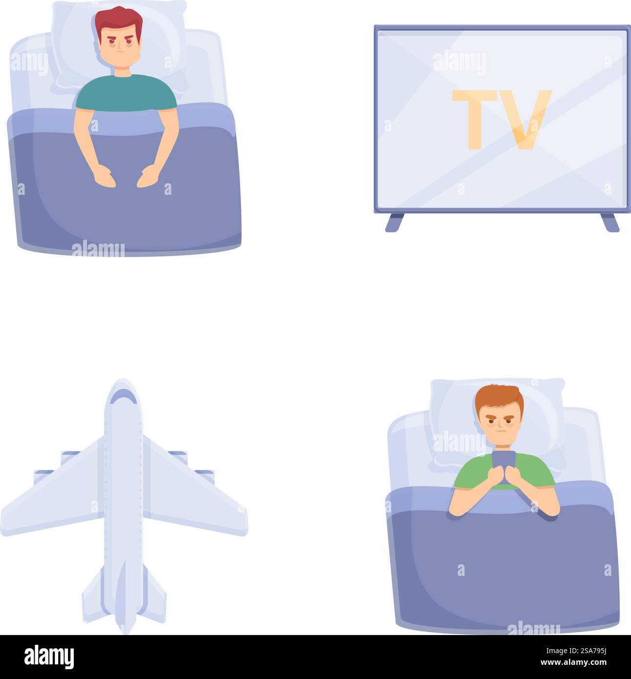 Sleep deprivation icons set cartoon vector. Man lies in bed and cannot ...