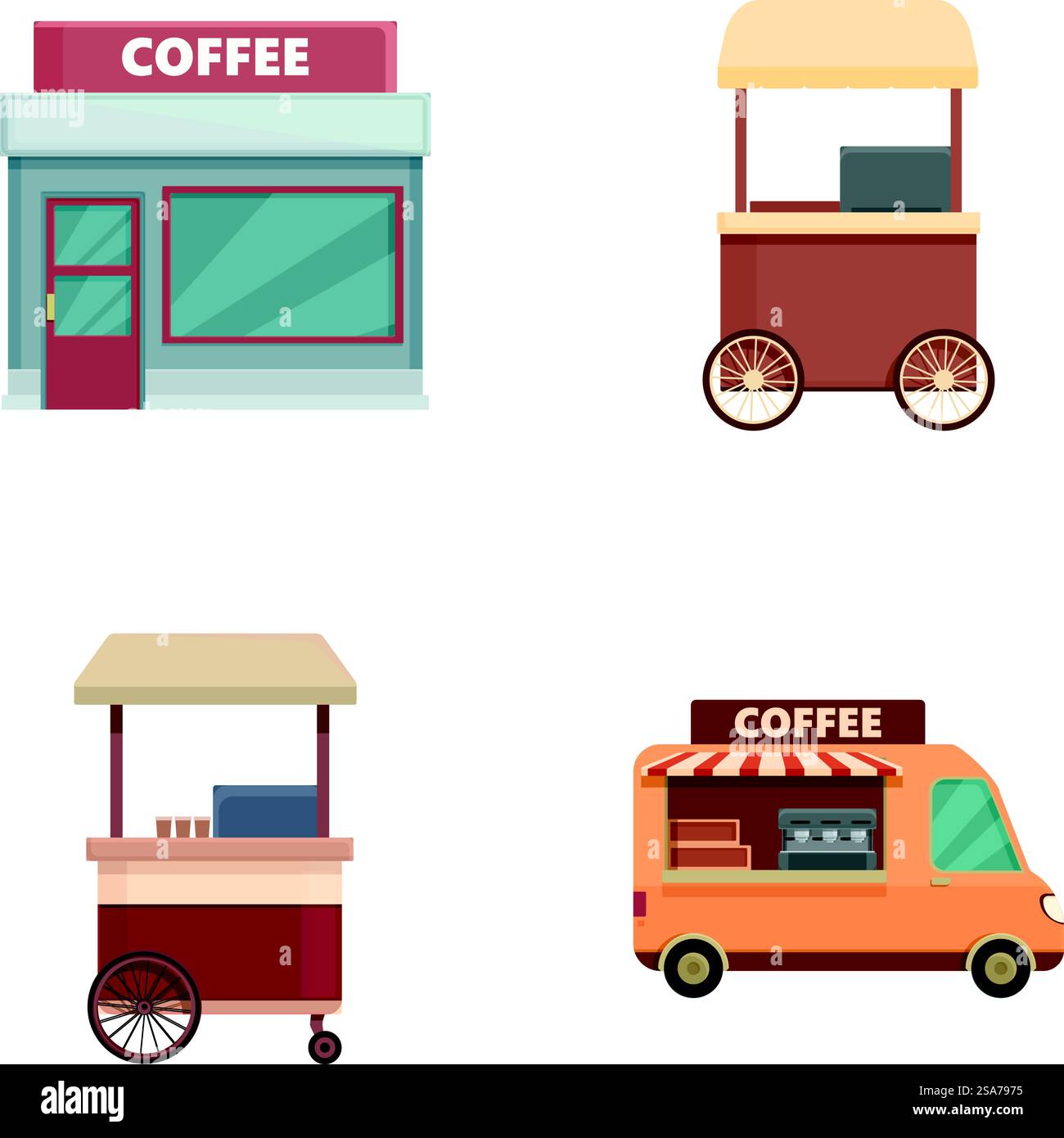 Set of four illustrations featuring different styles of coffee shops ...