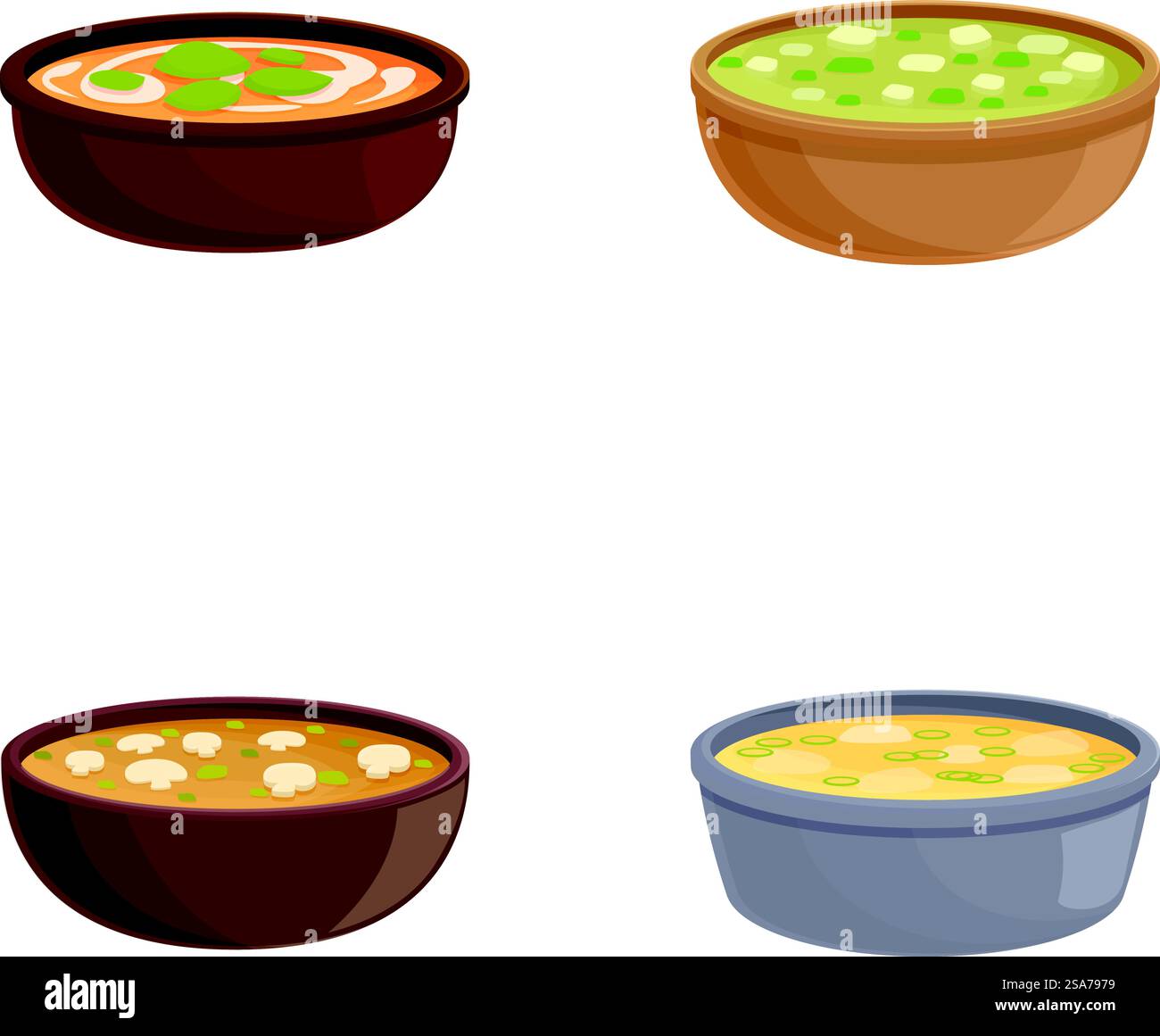 Set of four colorful cartoon soup bowls with different varieties and ...