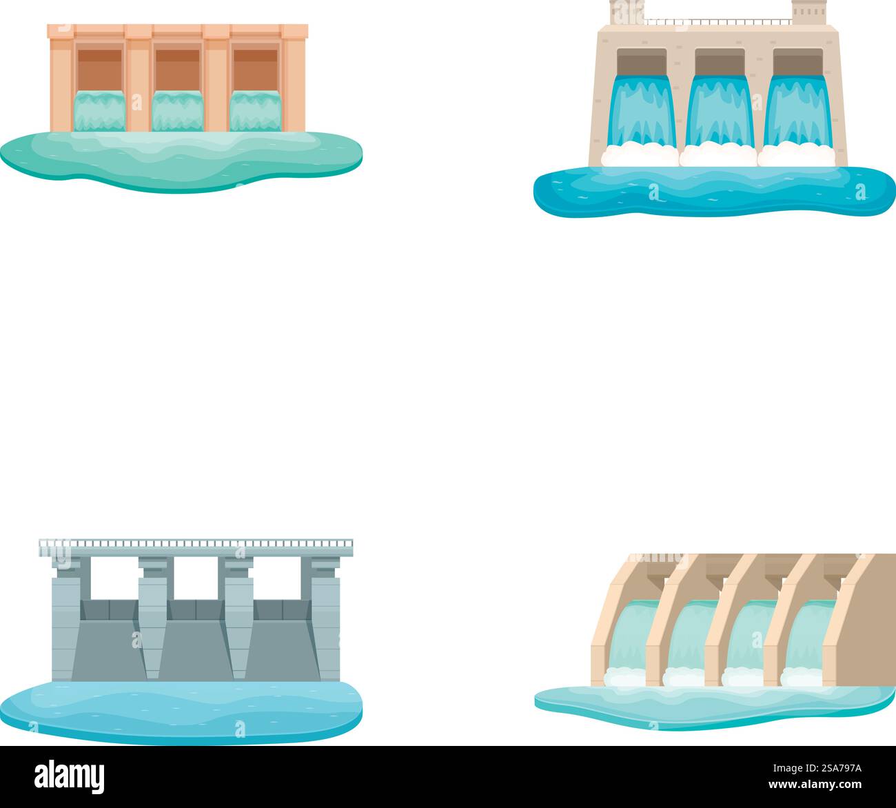 Collection of four types of colorful, stylized dam illustrations ...