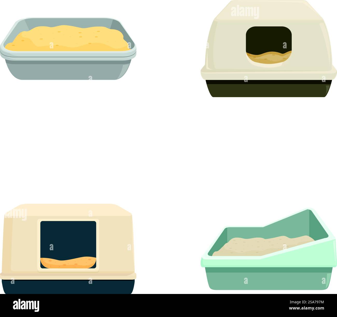 Collection of cartoon style cat litter boxes in various designs ...