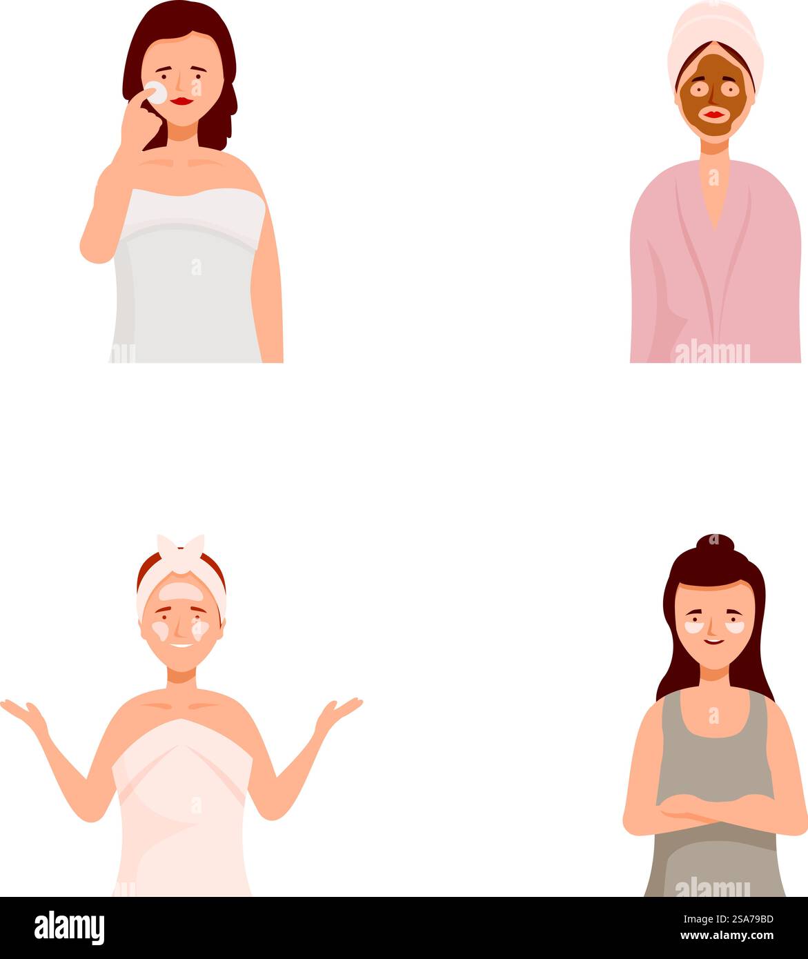 Illustration of four women performing various skincare activities ...