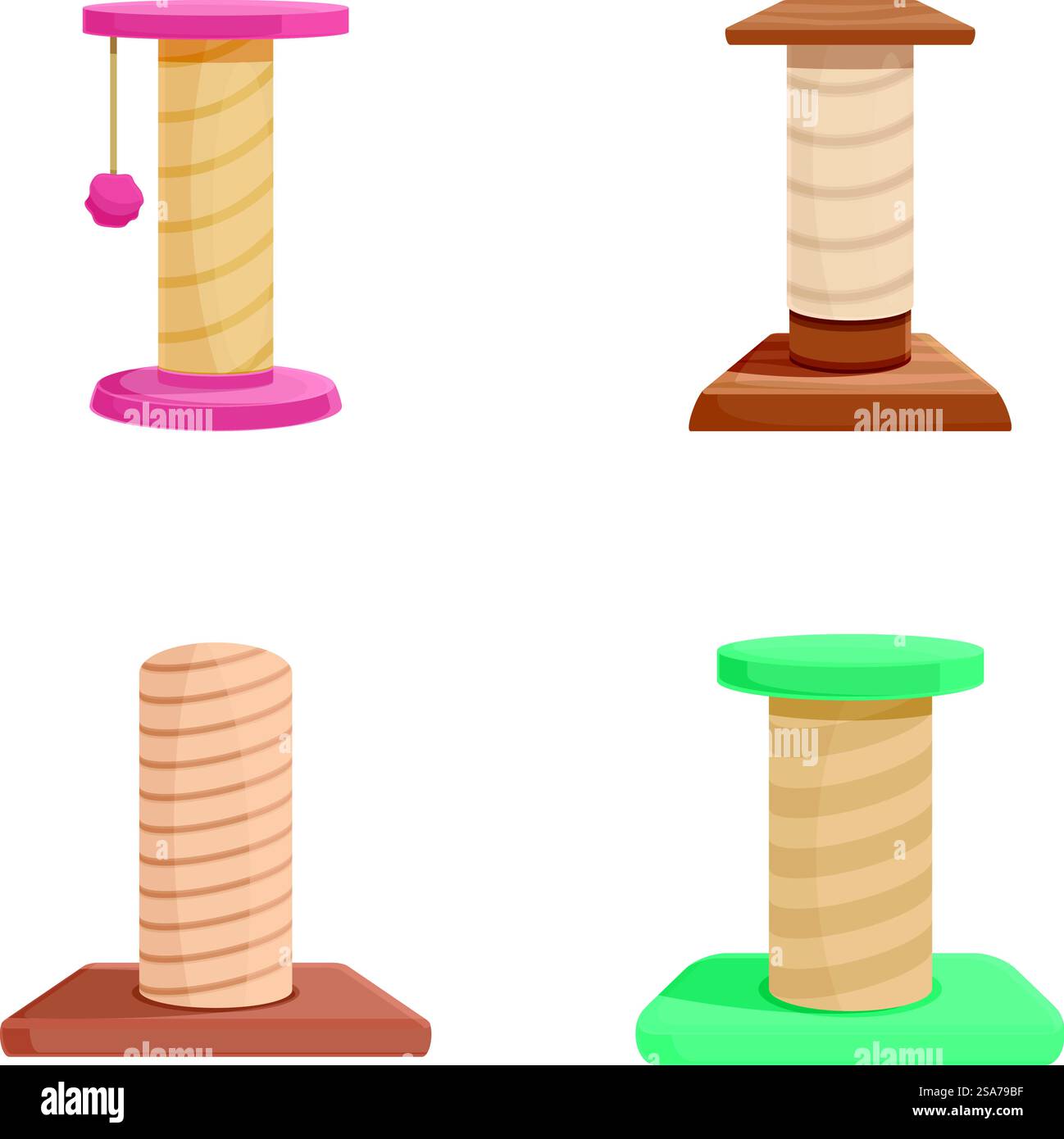 Collection of four different cat scratching posts in various colors on ...