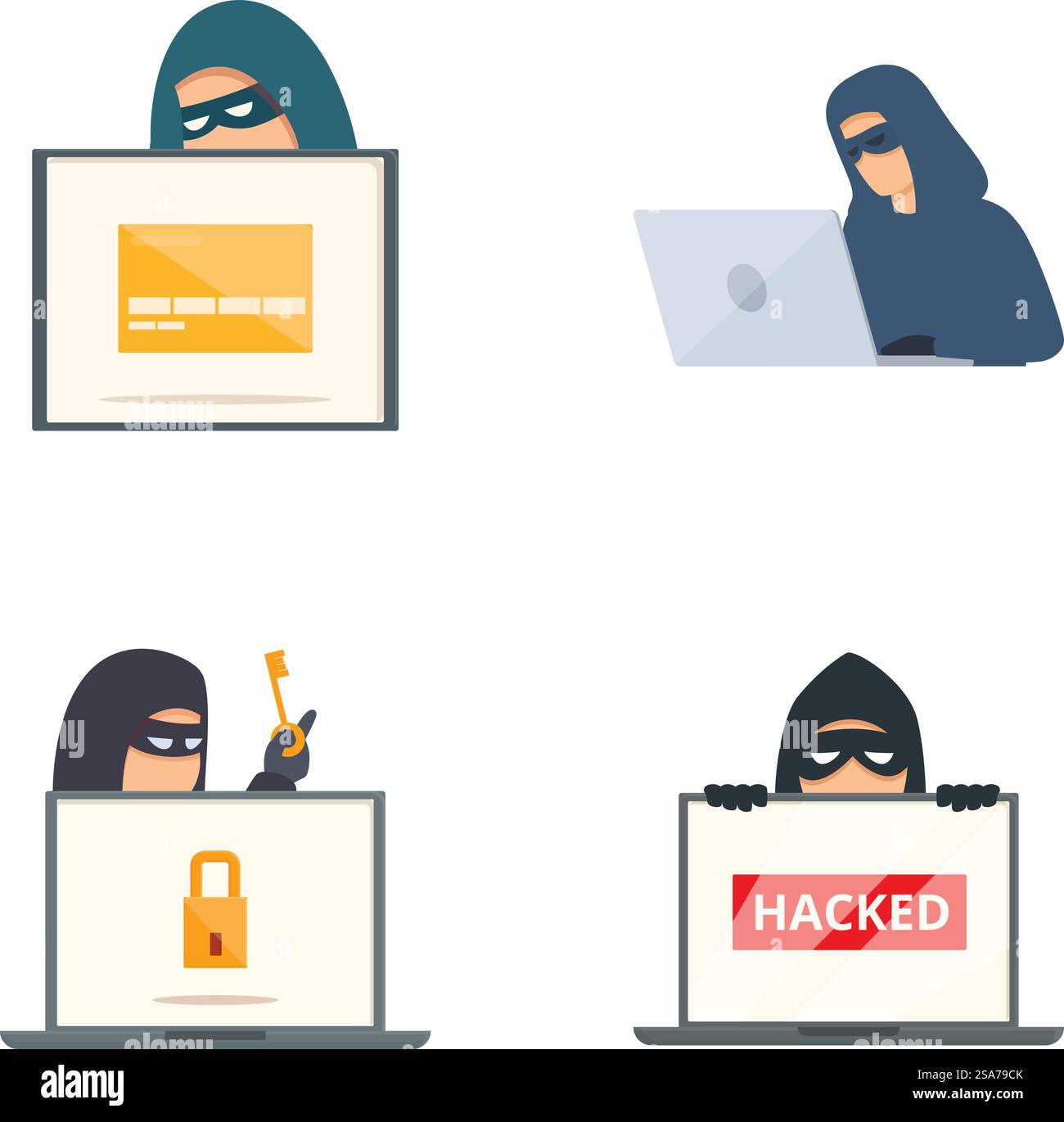 Set of four flat design illustrations depicting hackers with laptops ...