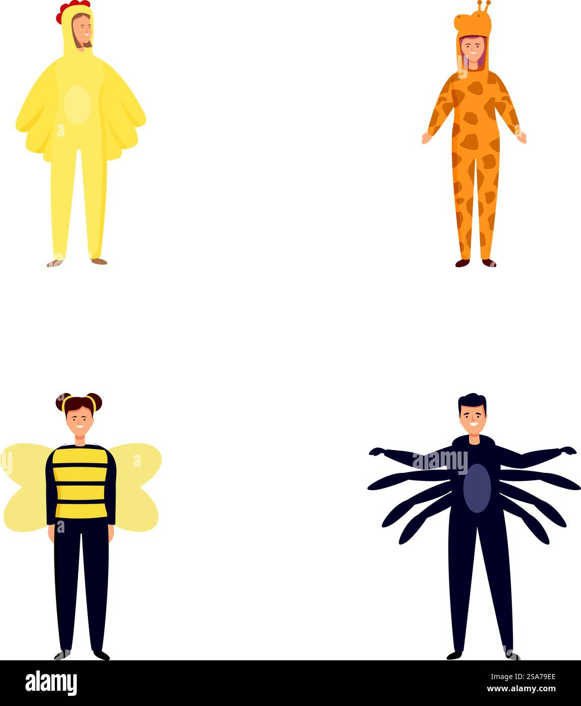 Four diverse cartoon people dressed as colorful insects for party or ...