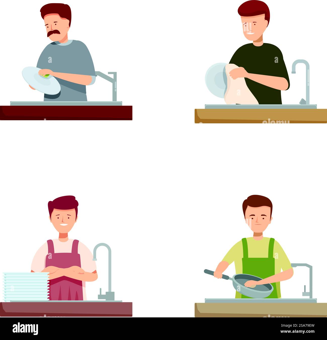 Set of illustrations featuring various people engaged in washing dishes ...