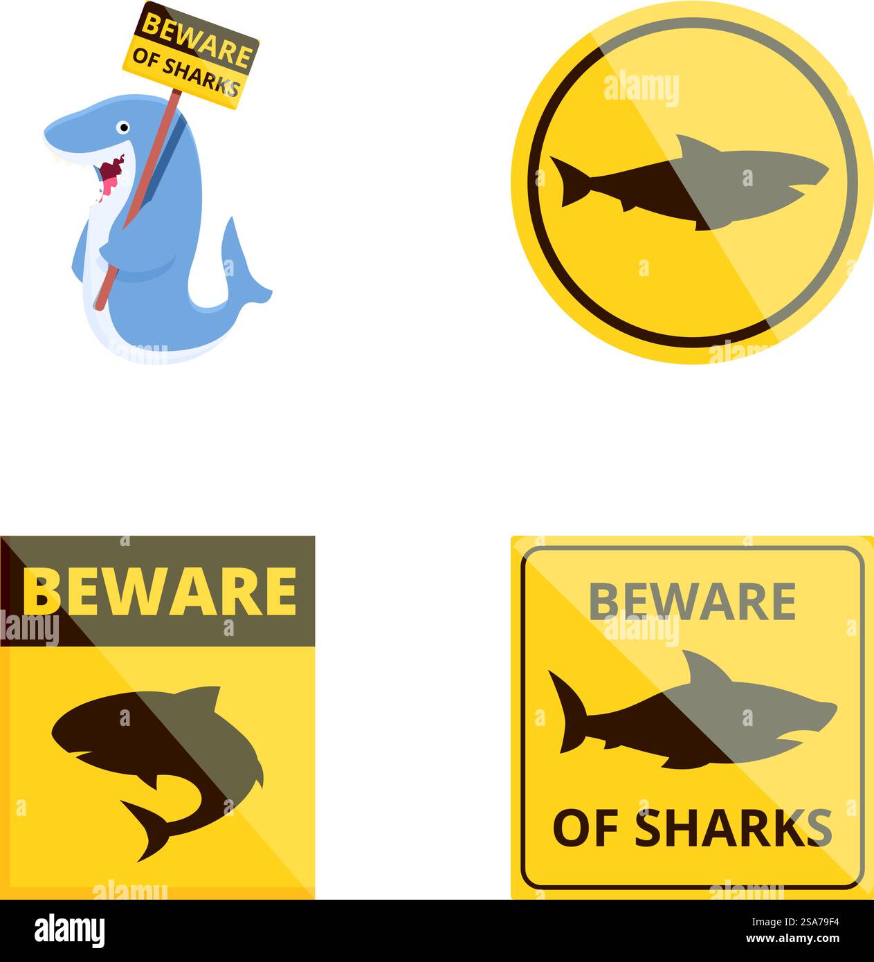 Set of cautionary shark warning signs with graphic silhouette images for marine safety and beach ...