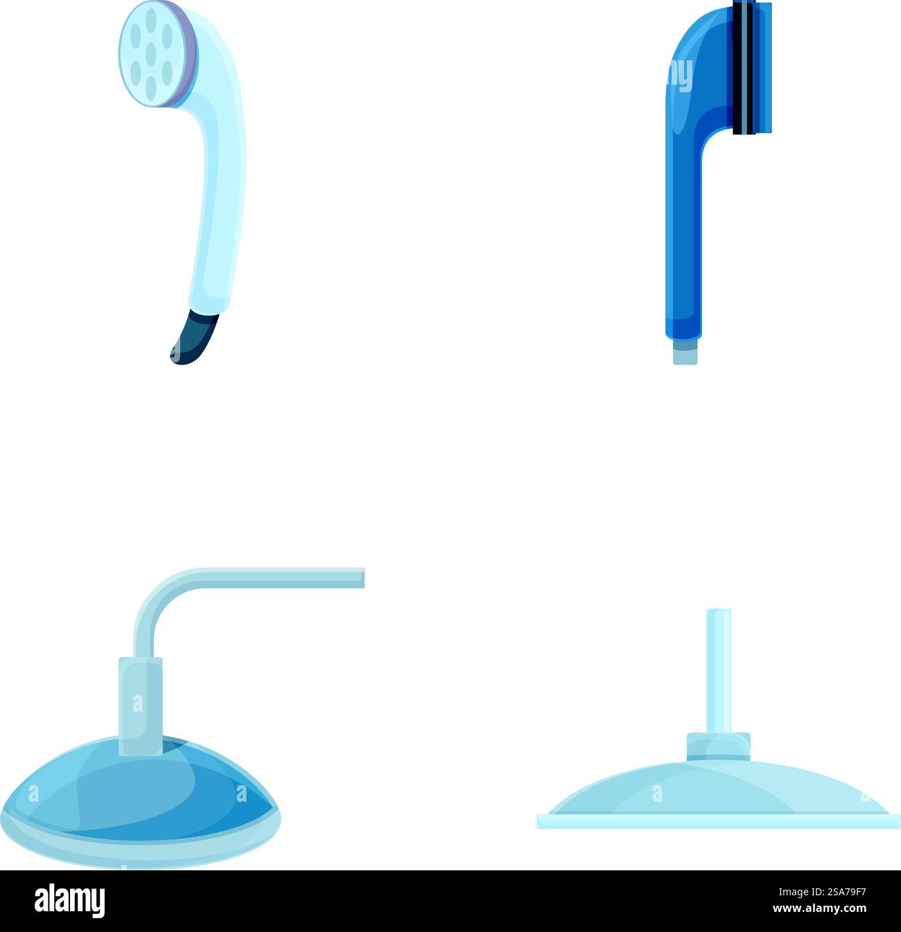 Various shower icons set cartoon vector. Chrome bath and shower head ...