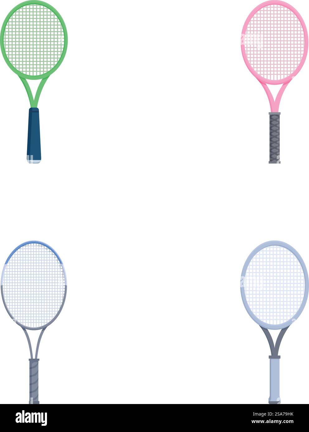 Four tennis rackets in different colors isolated on white background ...