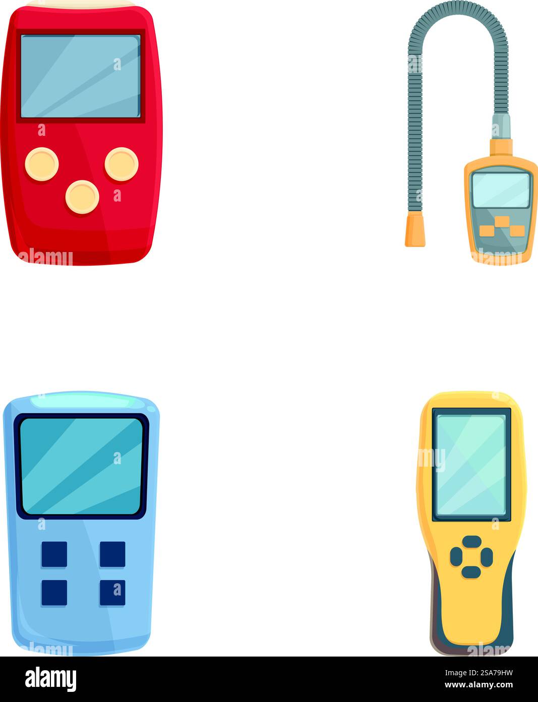 Illustration of four colorful electronic handheld gadgets including a ...