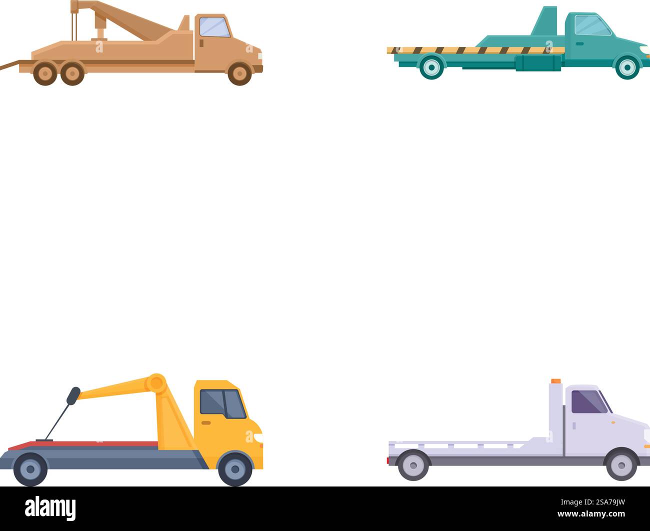Collection of four flatbed tow trucks, illustrated in a flat design ...