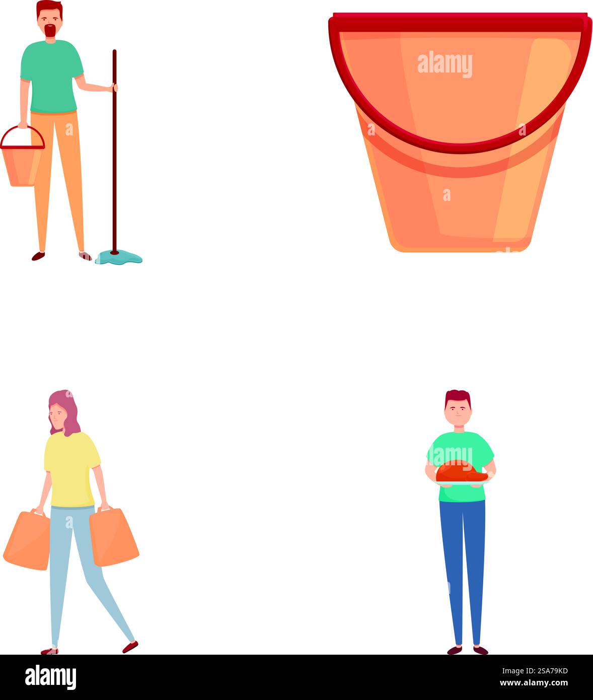 Housekeeping icons set cartoon vector. Man and woman doing household ...