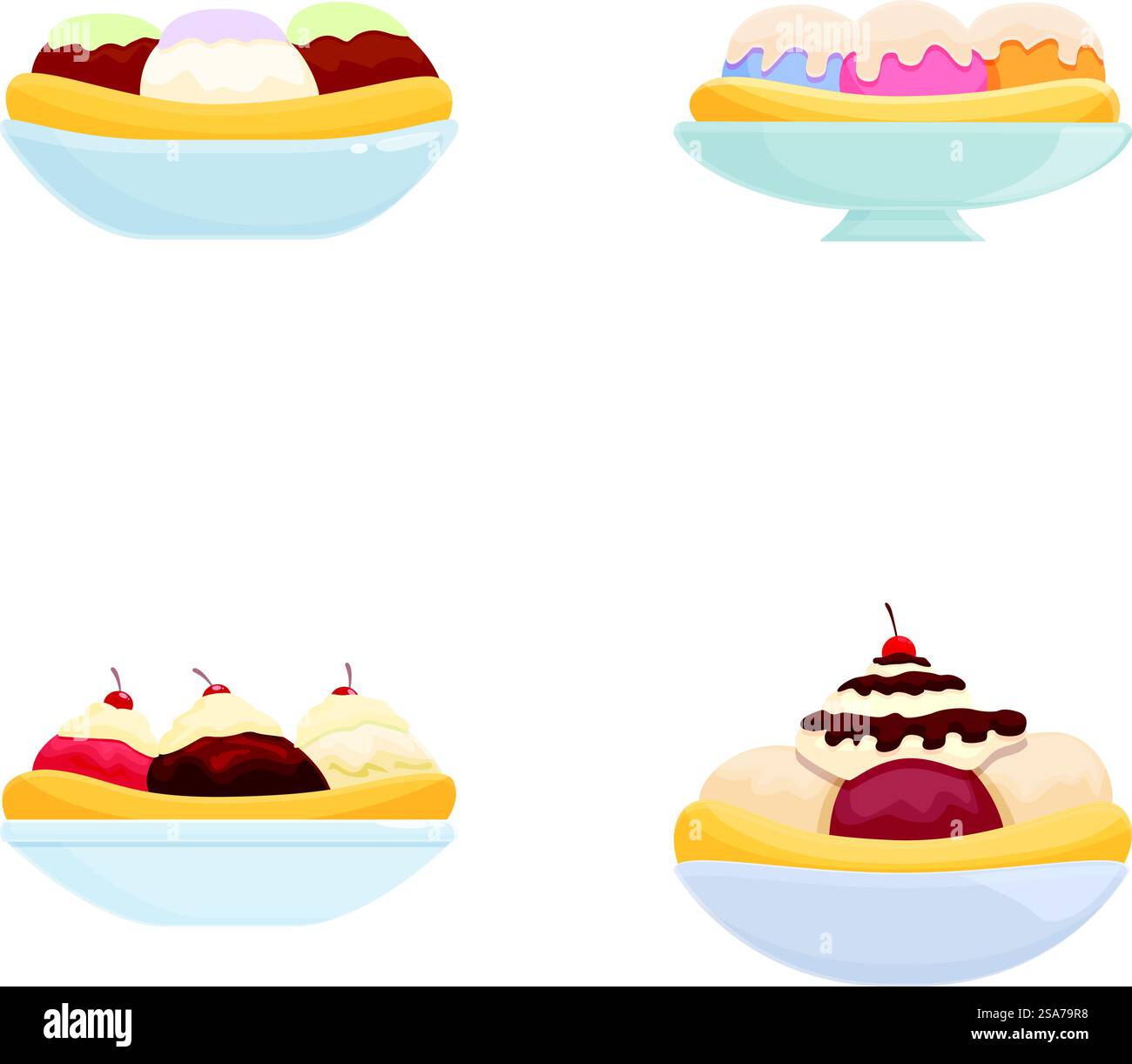 Set of four colorful ice cream desserts in bowls, isolated on white ...