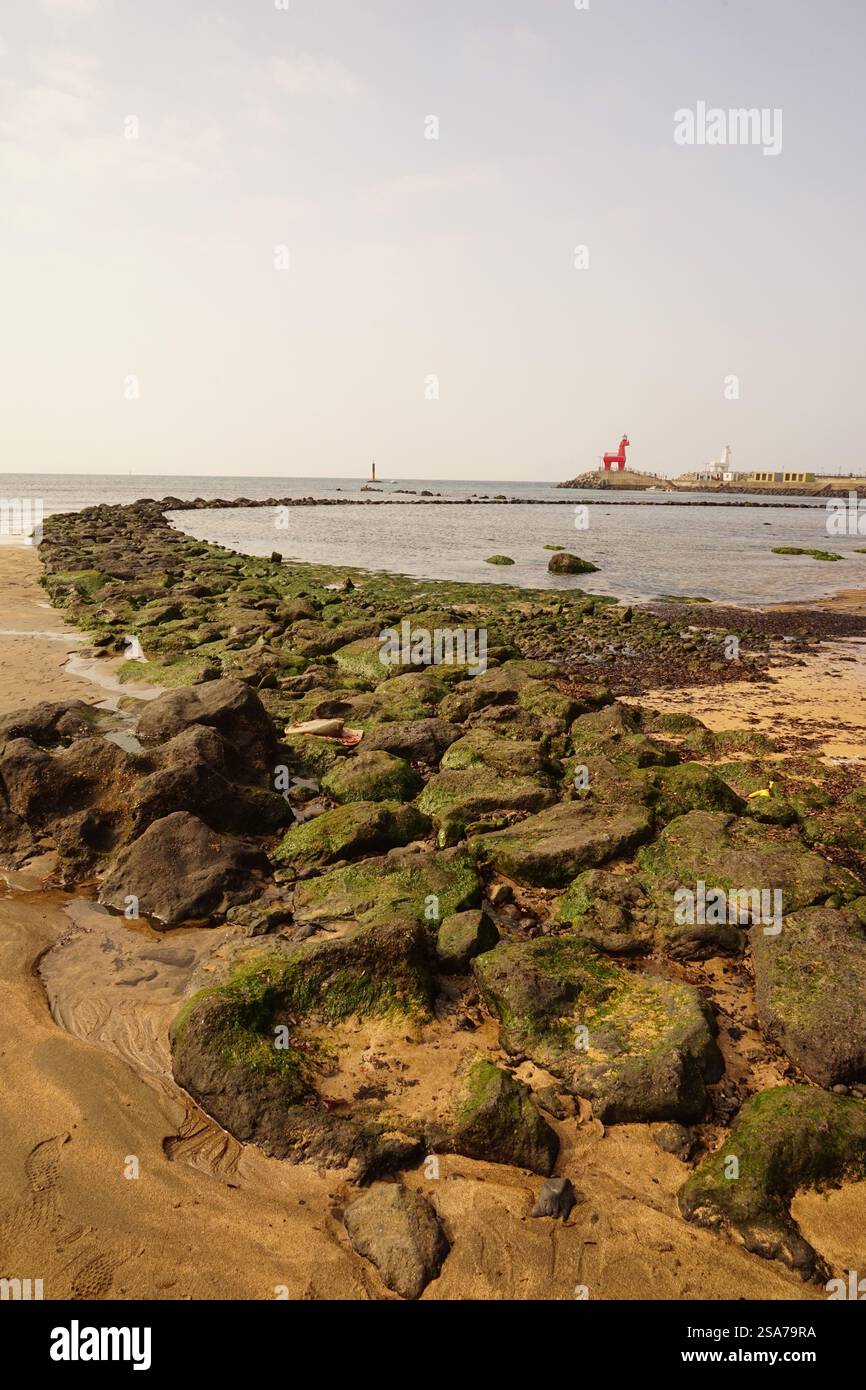 A red horse-shaped lighthouse over a stone wall for catching fish on ...