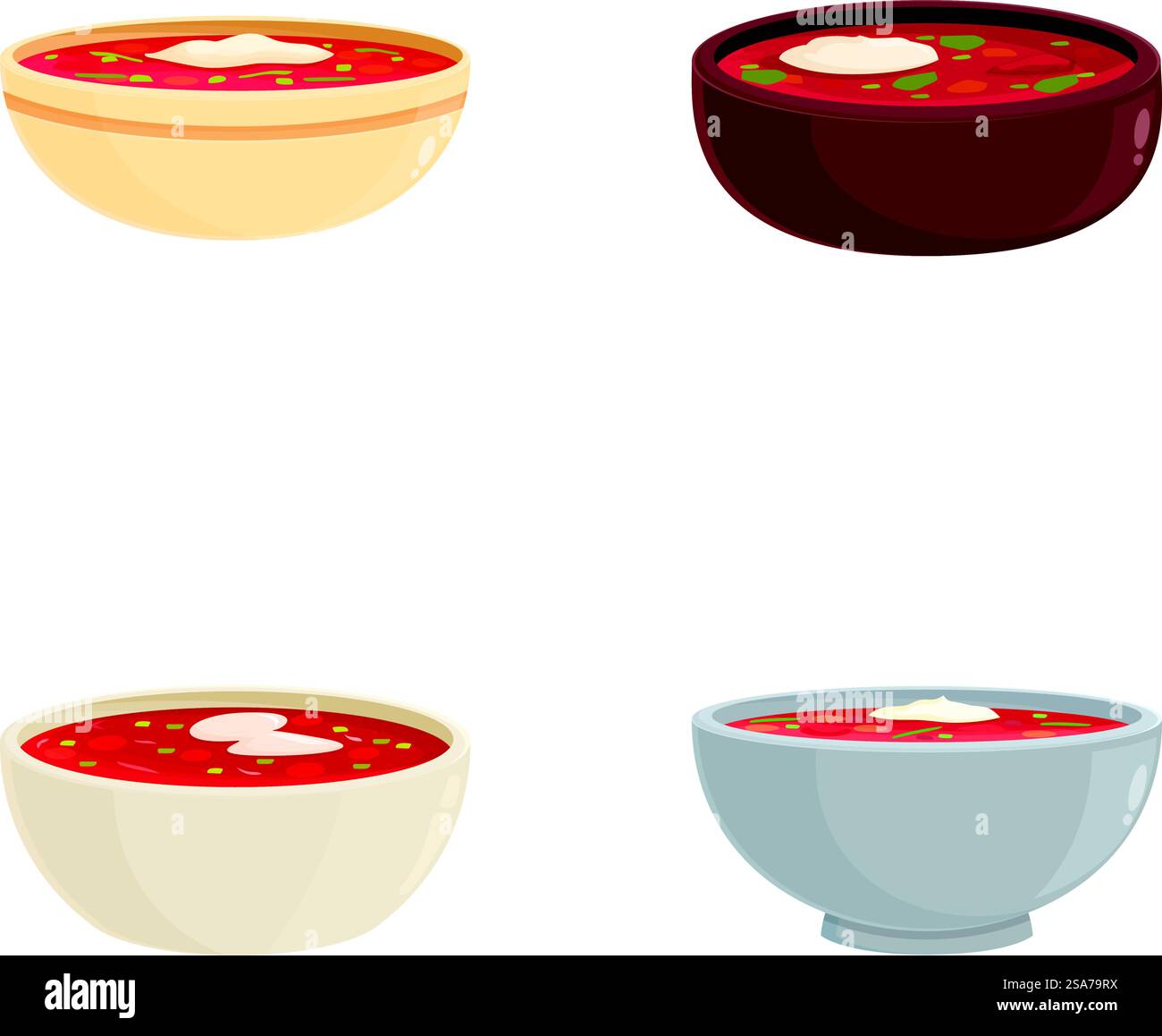 Colorful illustration set of cartoon soup bowls with different designs ...