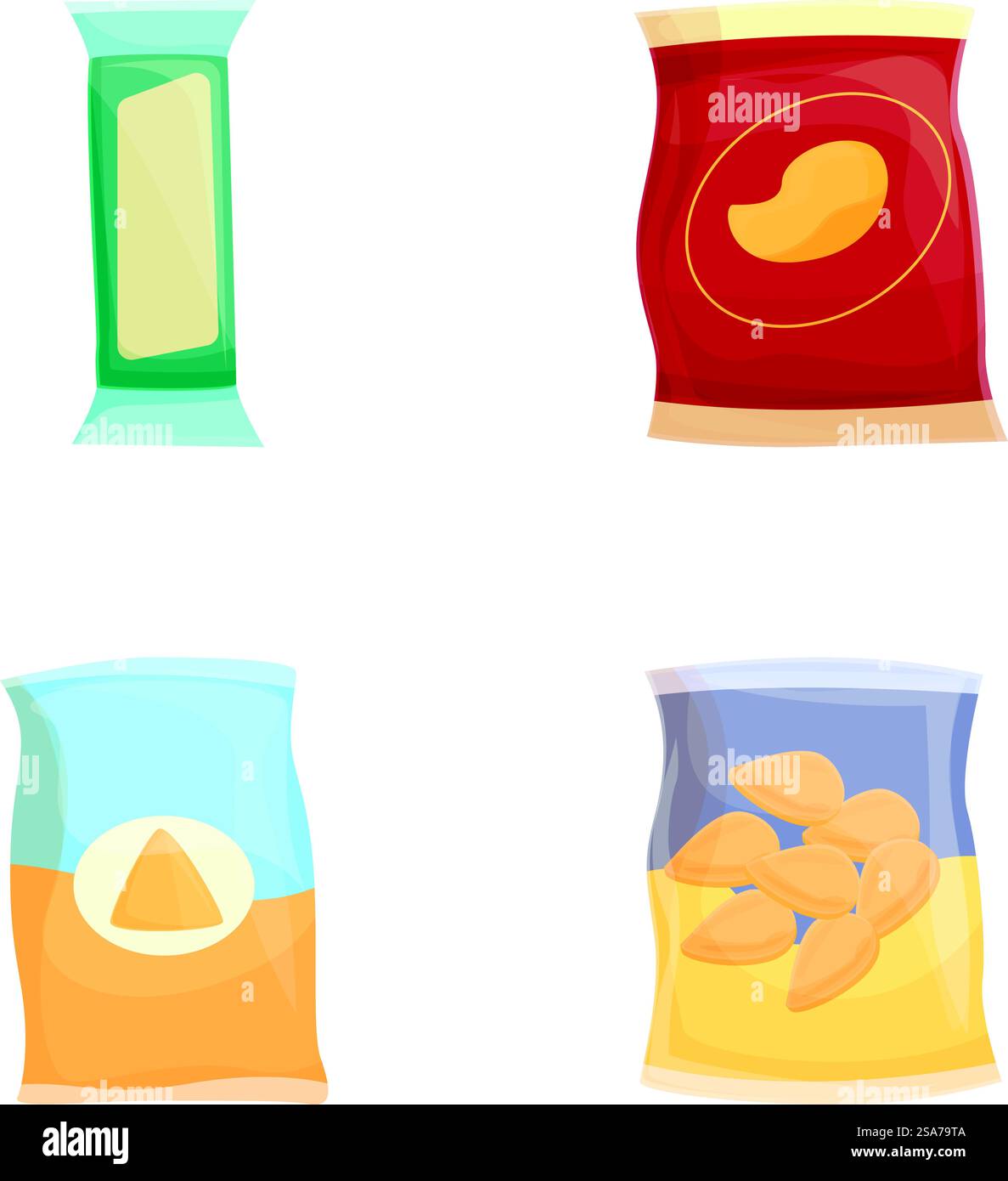 Packaged food icons set cartoon vector. Various type of packaged snack ...