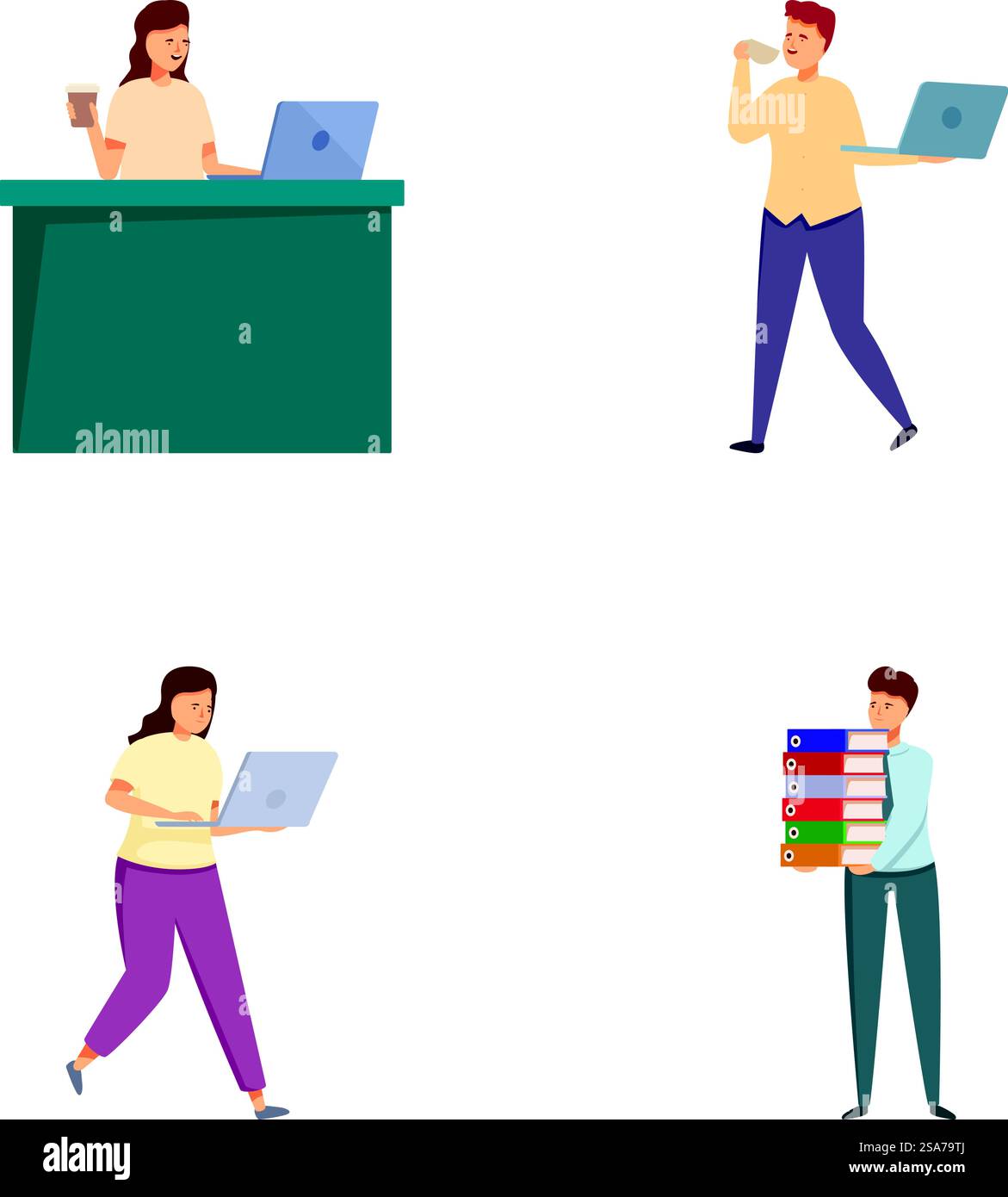 Collection of four illustrations depicting individuals engaged in different office activities ...