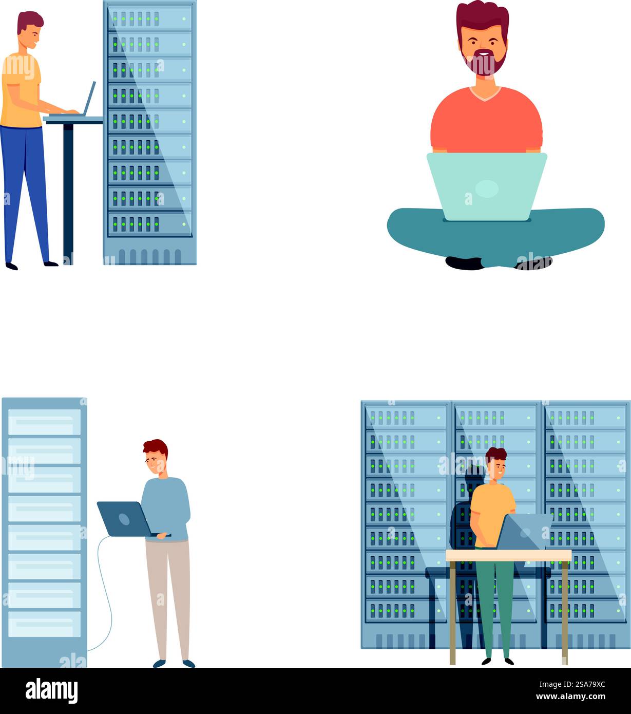 It Administrator Icons Set Cartoon Vector Sysadmin Adjusting Network
