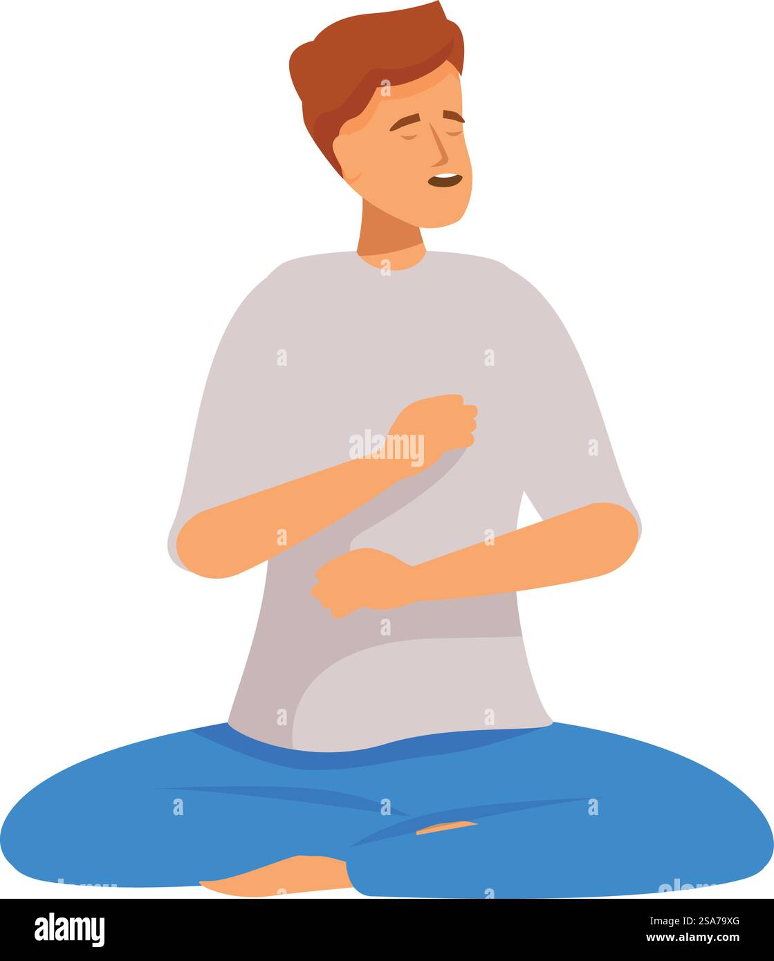 Young man is sitting cross legged, practicing diaphragmatic breathing ...