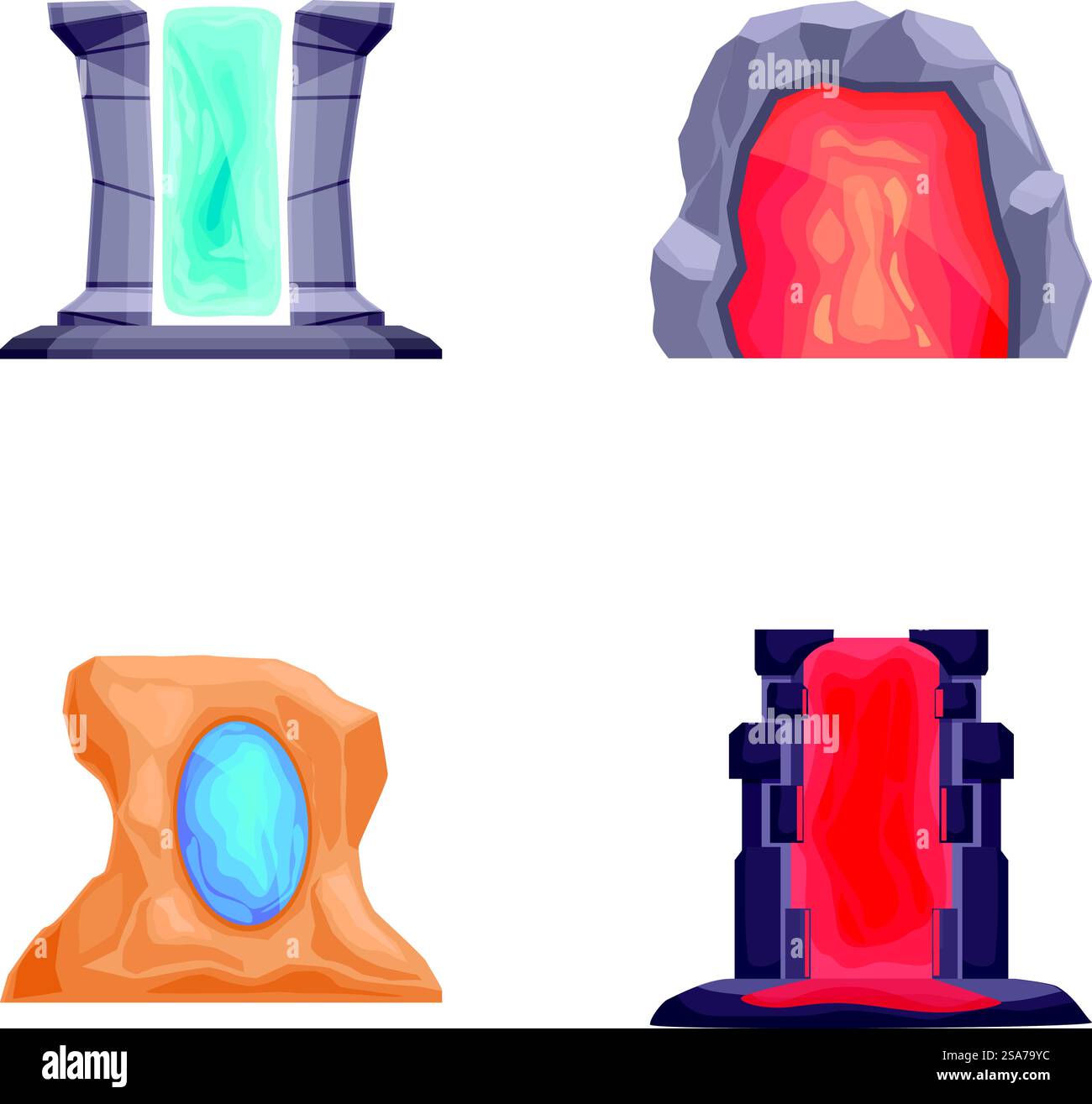 Collection of four colorful, stylized fantasy portals, perfect for game ...