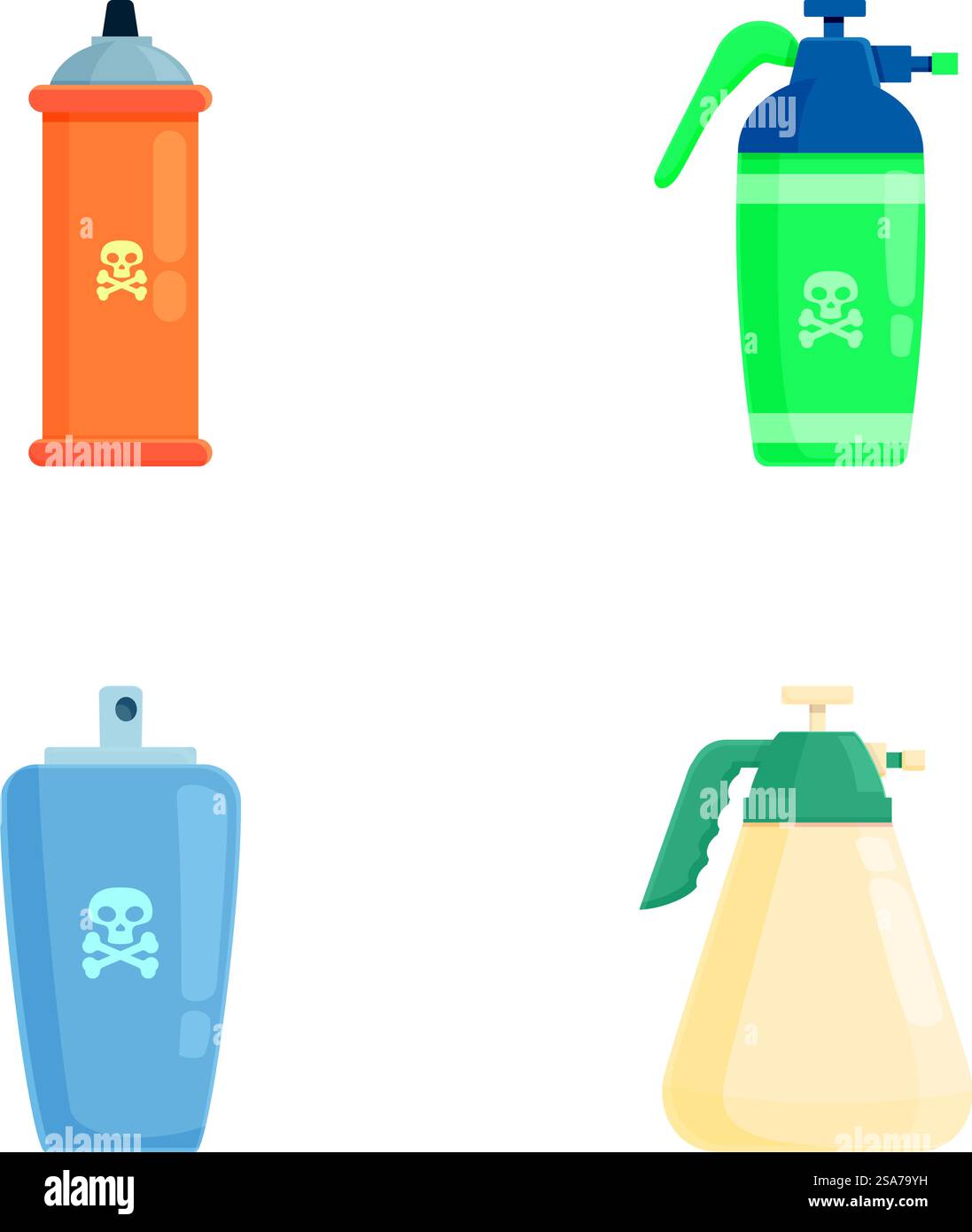 Vector illustration of four toxic substance containers, featuring ...