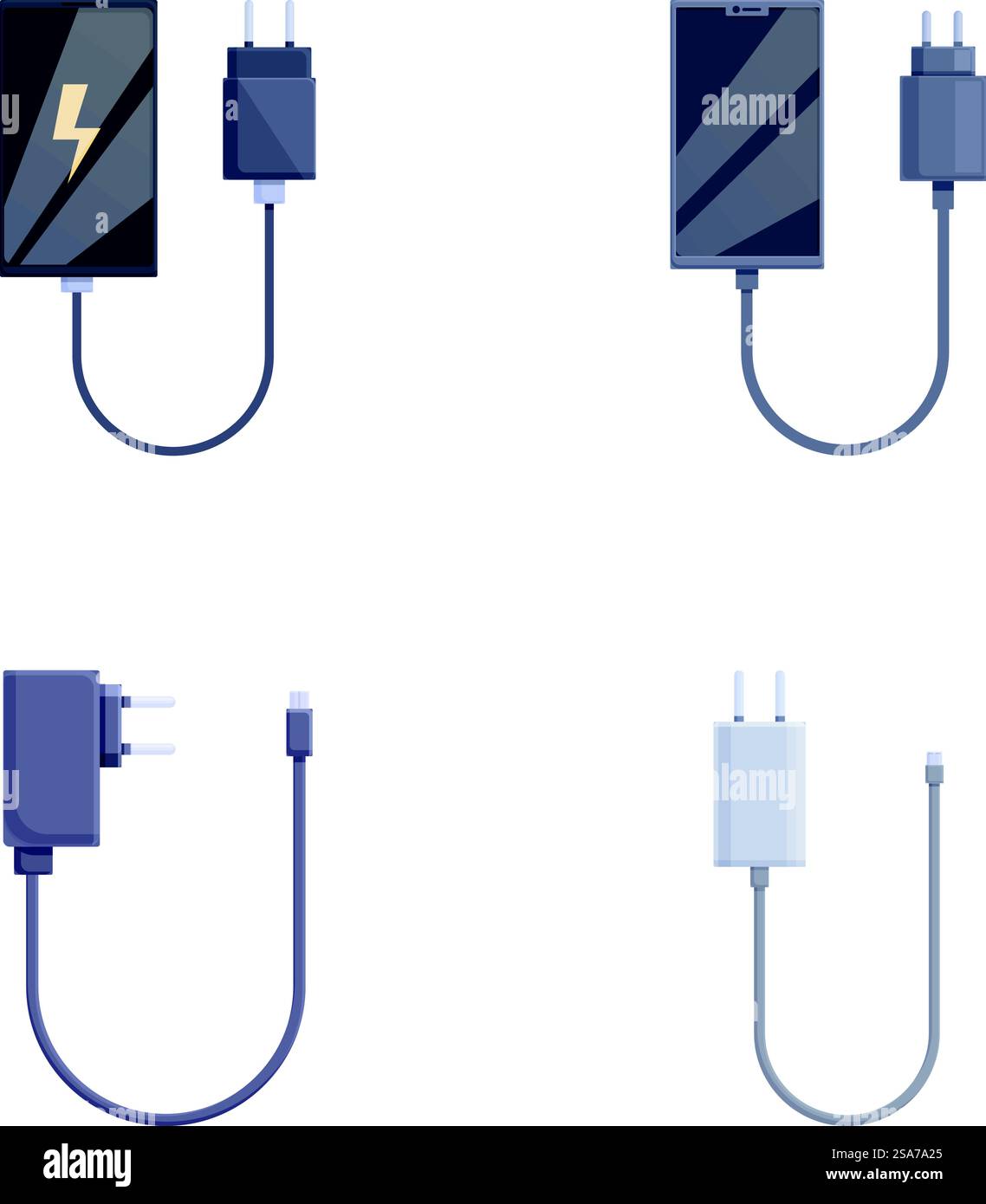 Vector set of various types of charging cables and power adapters for smartphones isolated on a ...