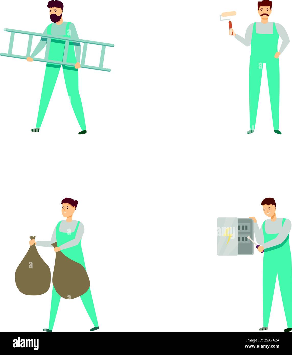 Collection of four vector illustrations featuring a handyman in ...