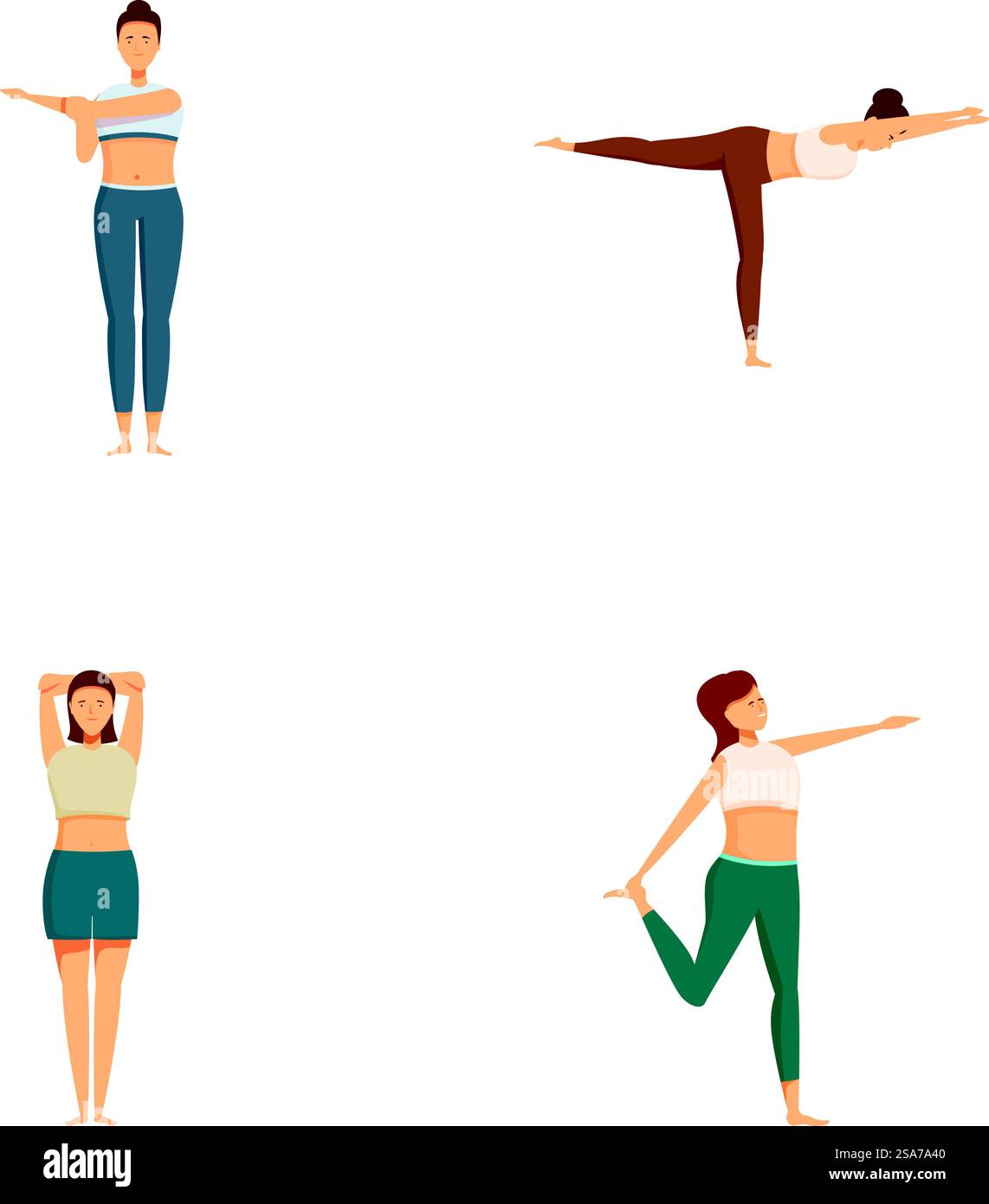 Set of four diverse yoga poses demonstrated by a woman, isolated on a ...