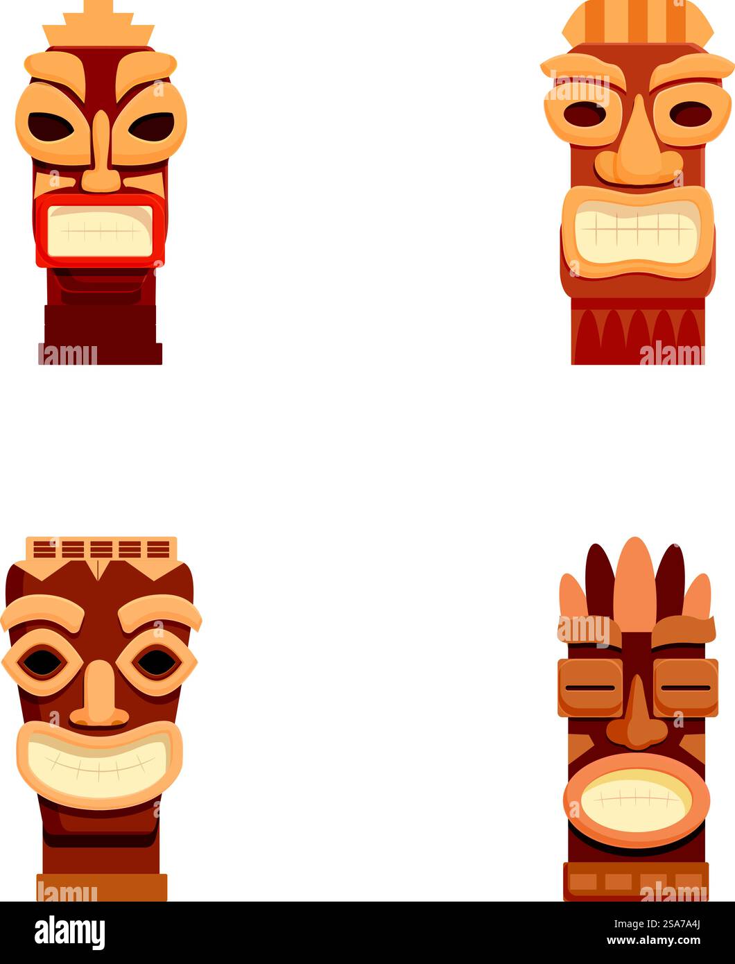 Illustration of four unique tiki masks, representing polynesian or ...
